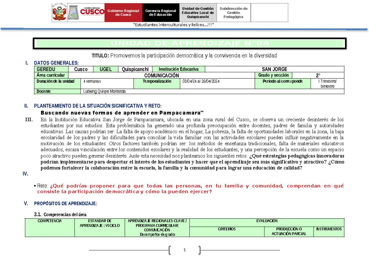 Esquema Sugerente Unidad DE APok Rendizaje 2024 Ludwing - “Estudiantes ...