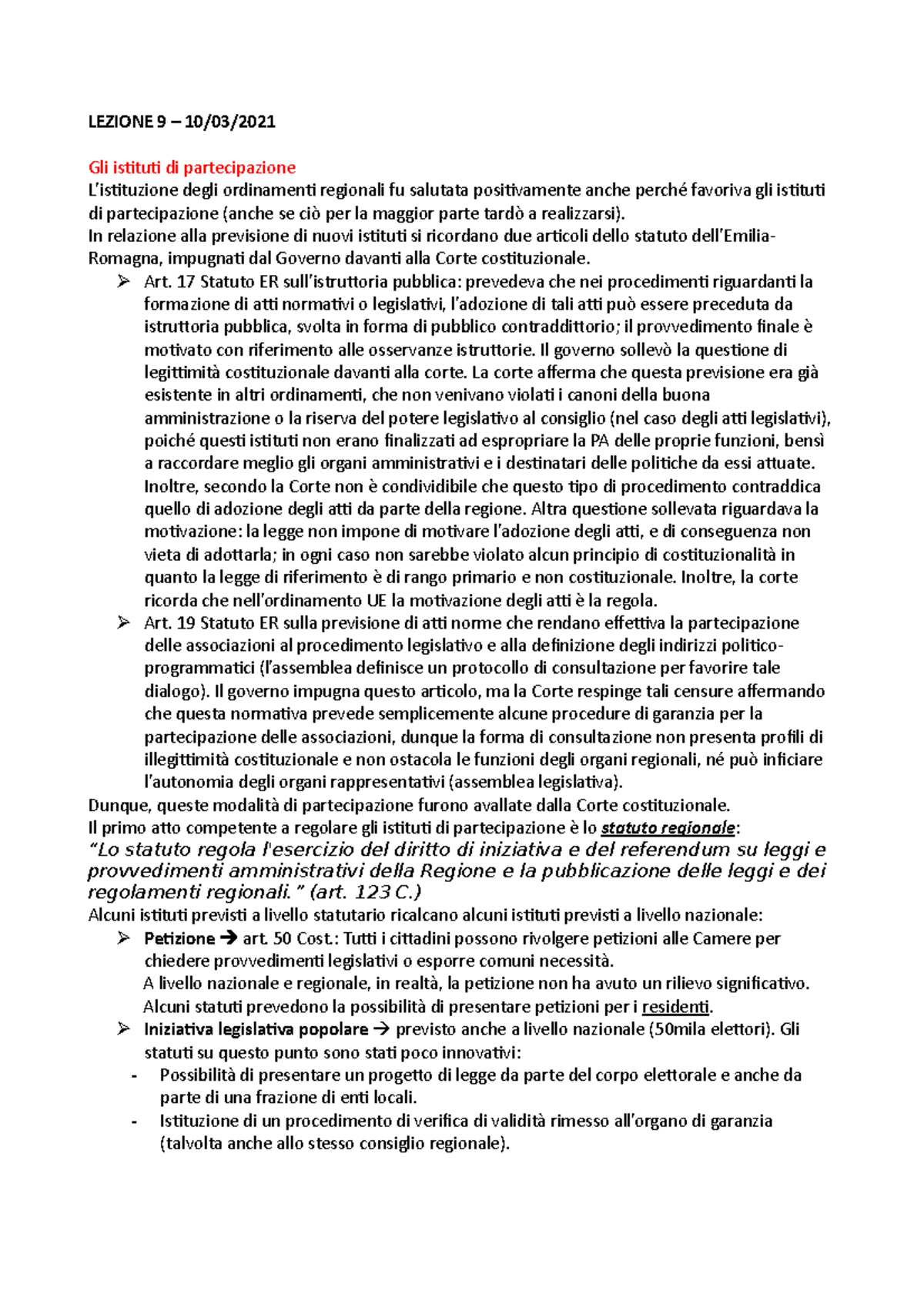 Lezione 9 - appunti - LEZIONE 9 – 10/03/ Gli istituti di partecipazione ...