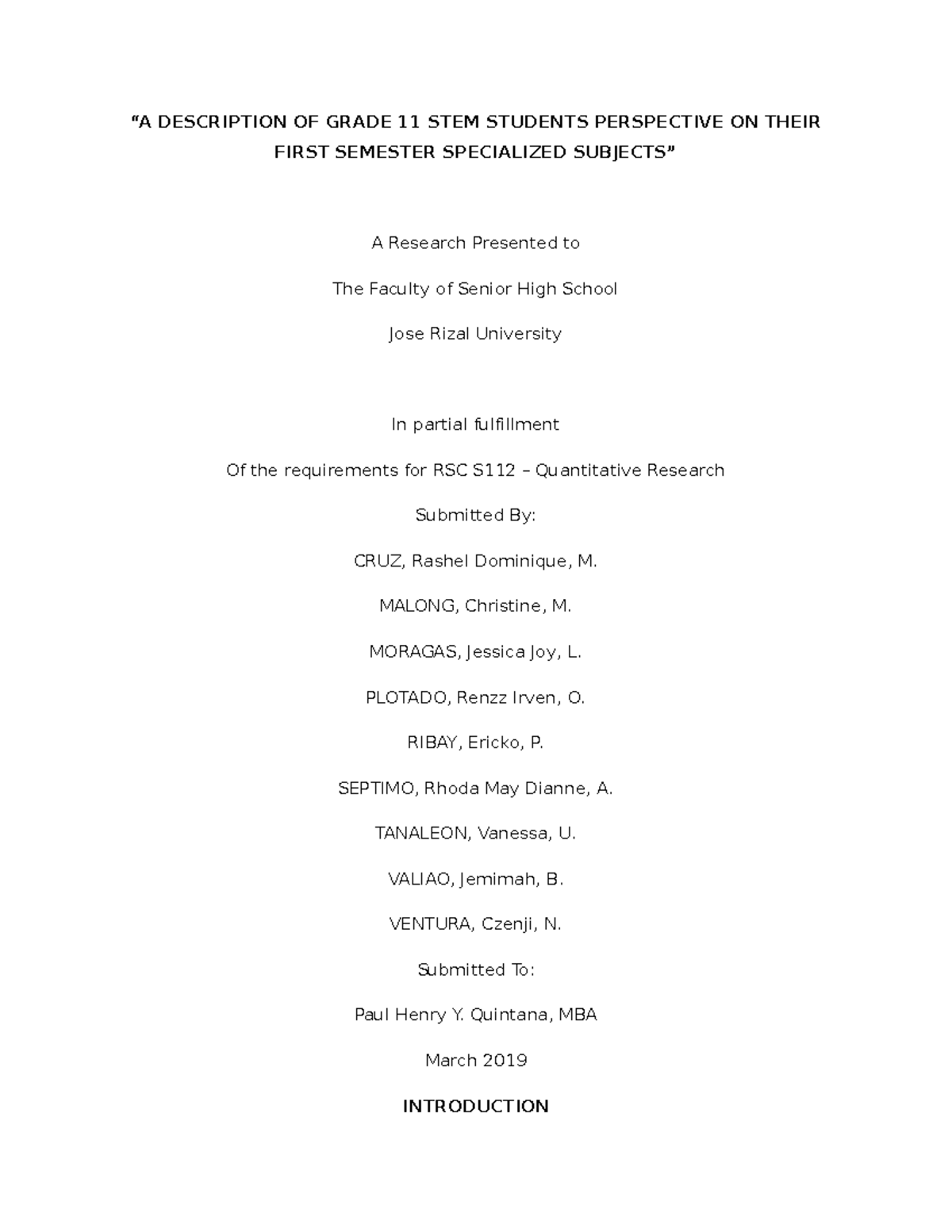 A Description OF Grade 11 STEM Students Perspective ON Their First ...