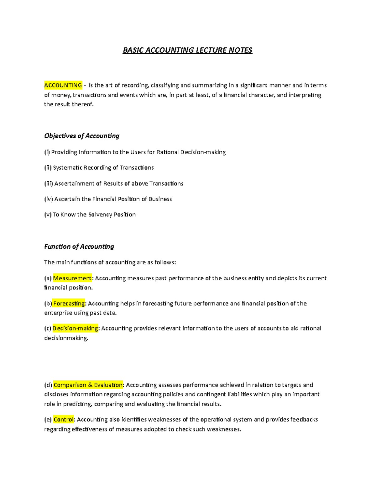 Basic Accounting - BASIC ACCOUNTING LECTURE NOTES ACCOUNTING - is the ...