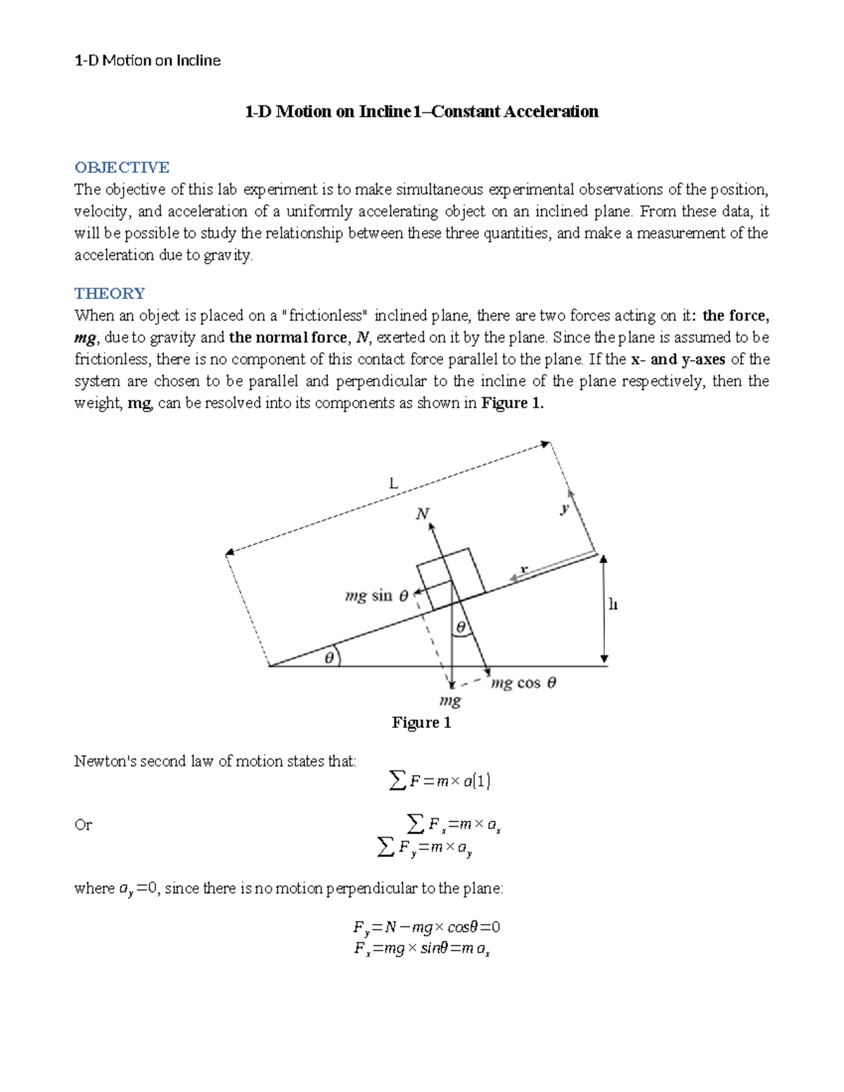 02 Motion on Incline LAB (Spring 2024 Online Version) - 1-D Motion on Incline 1-D Motion on ...