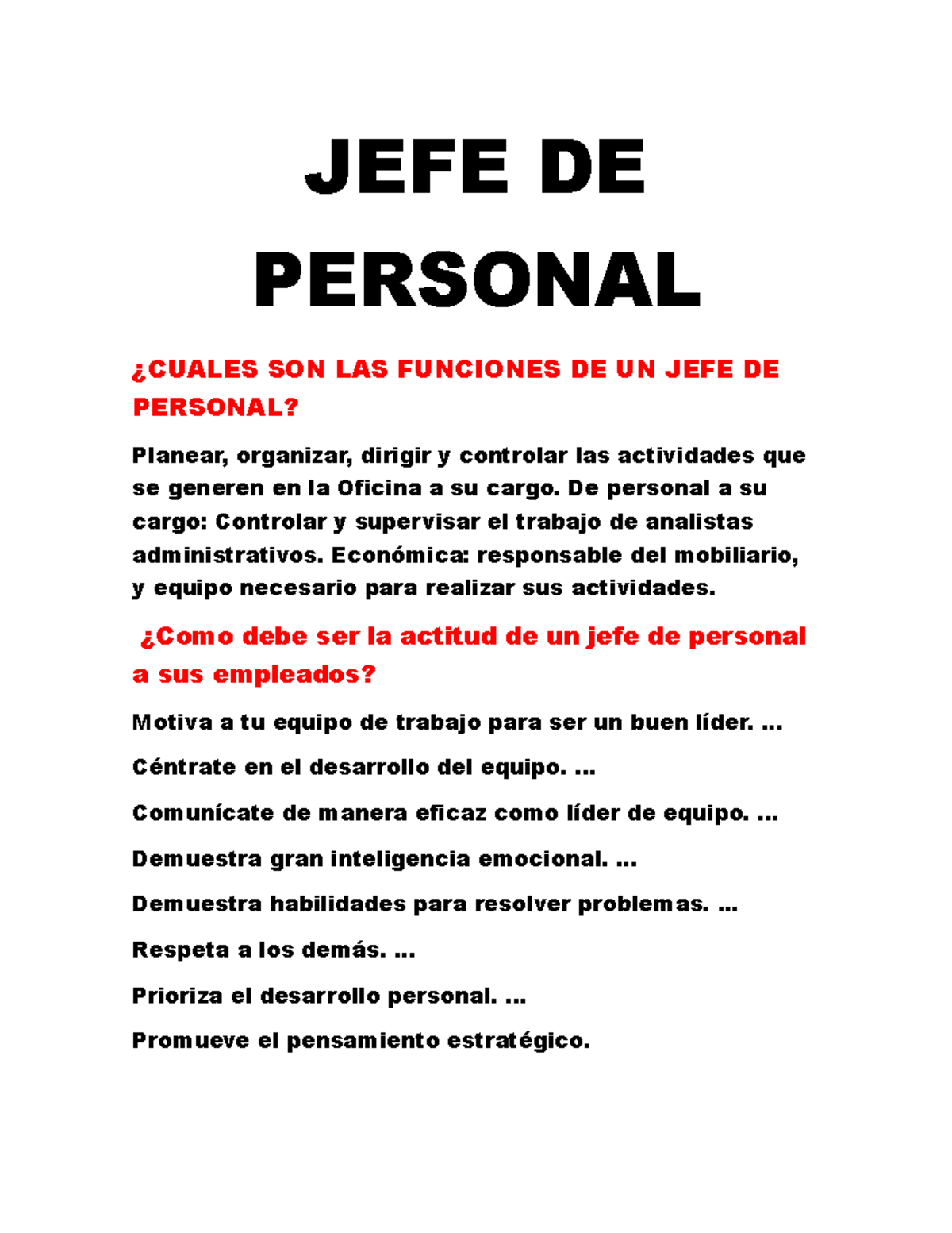 JEFE DE Personal - JEFE DE PERSONAL ¿CUALES SON LAS FUNCIONES DE UN JEFE DE PERSONAL? Planear ...