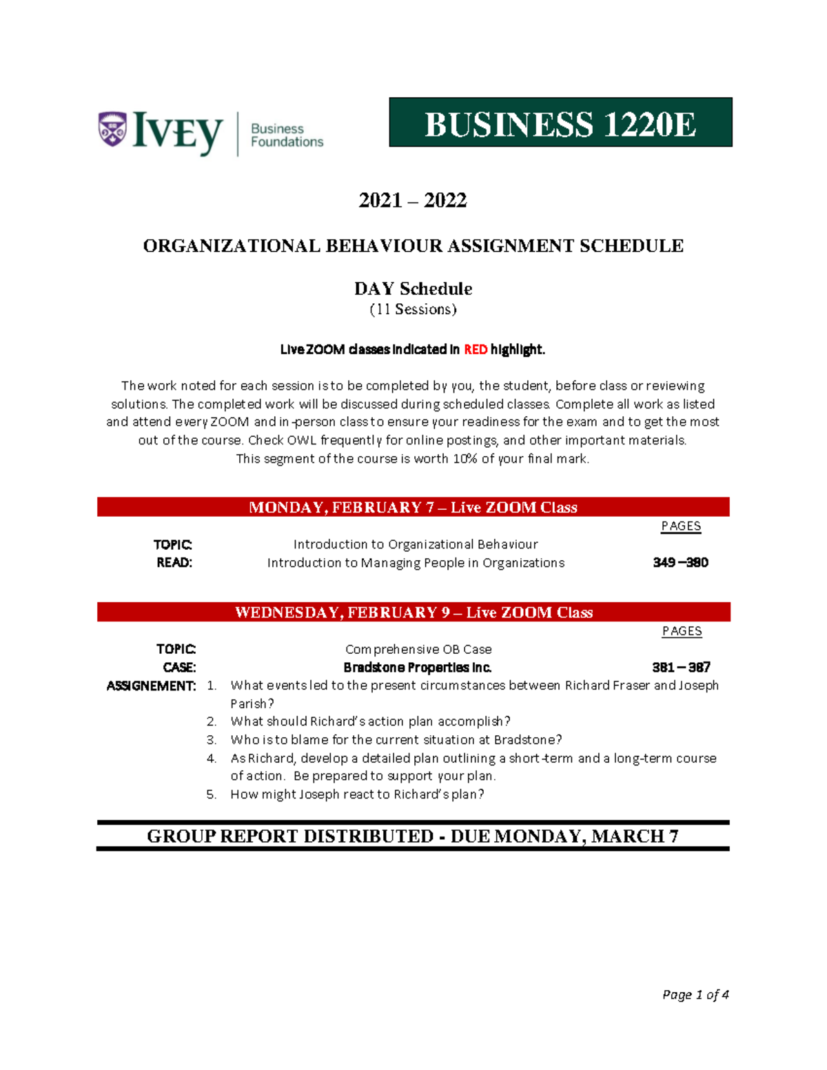 OB Assignment Schedule - 2021 – 2022 ORGANIZATIONAL BEHAVIOUR ...