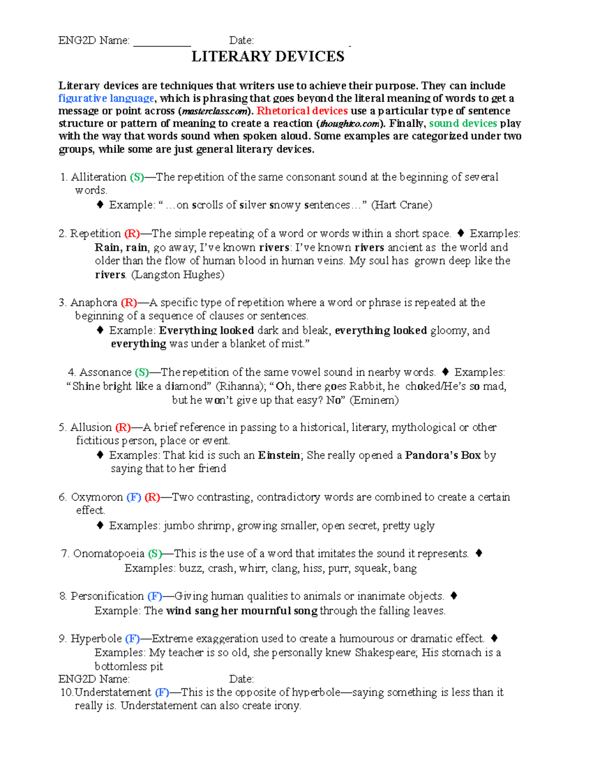 Craft Moves - Literary Devices - ENG2D Name: ________________ Date ...