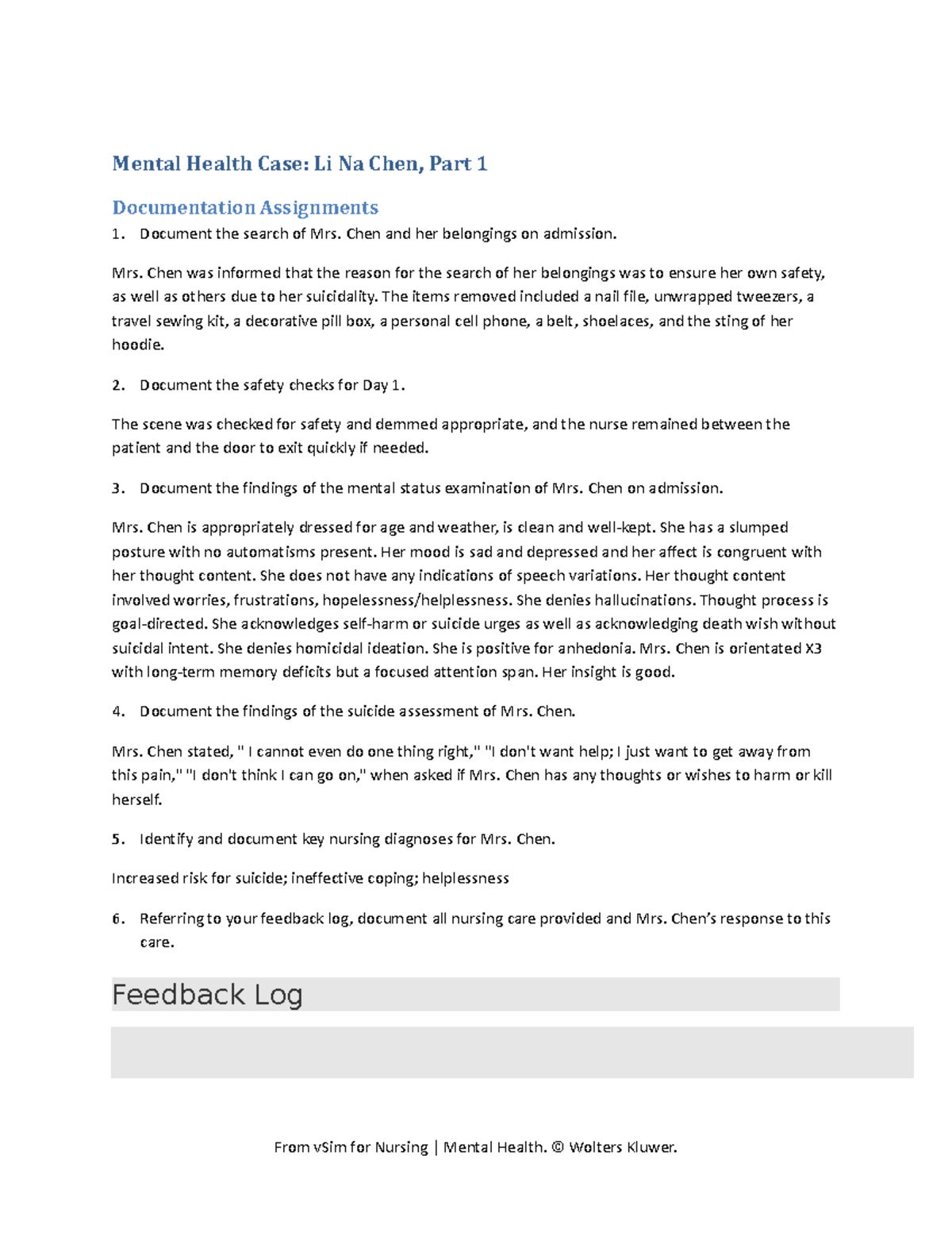 vSim Lin Chen Part 1 Pre-work - Mental Health Case: Li Na Chen, Part 1 ...