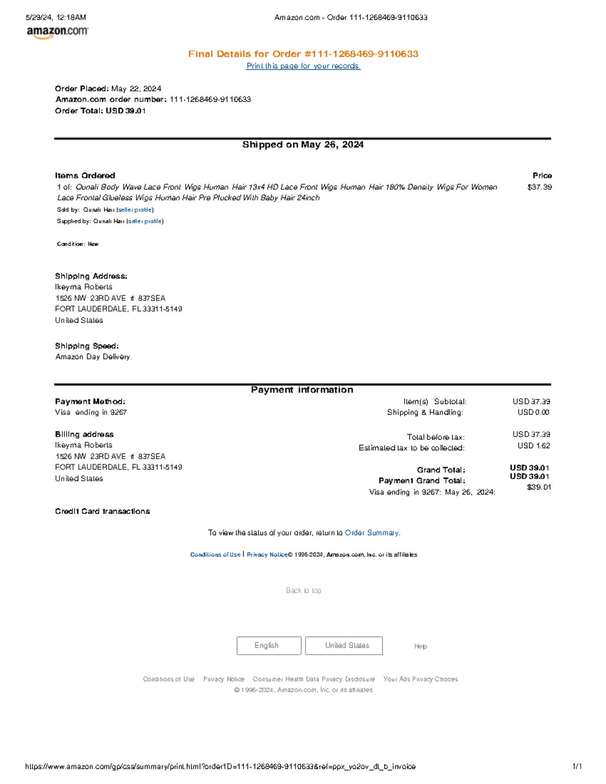Wig invoice - watch and see - 5/29/24, 12:18AM Amazon - Order 111 ...