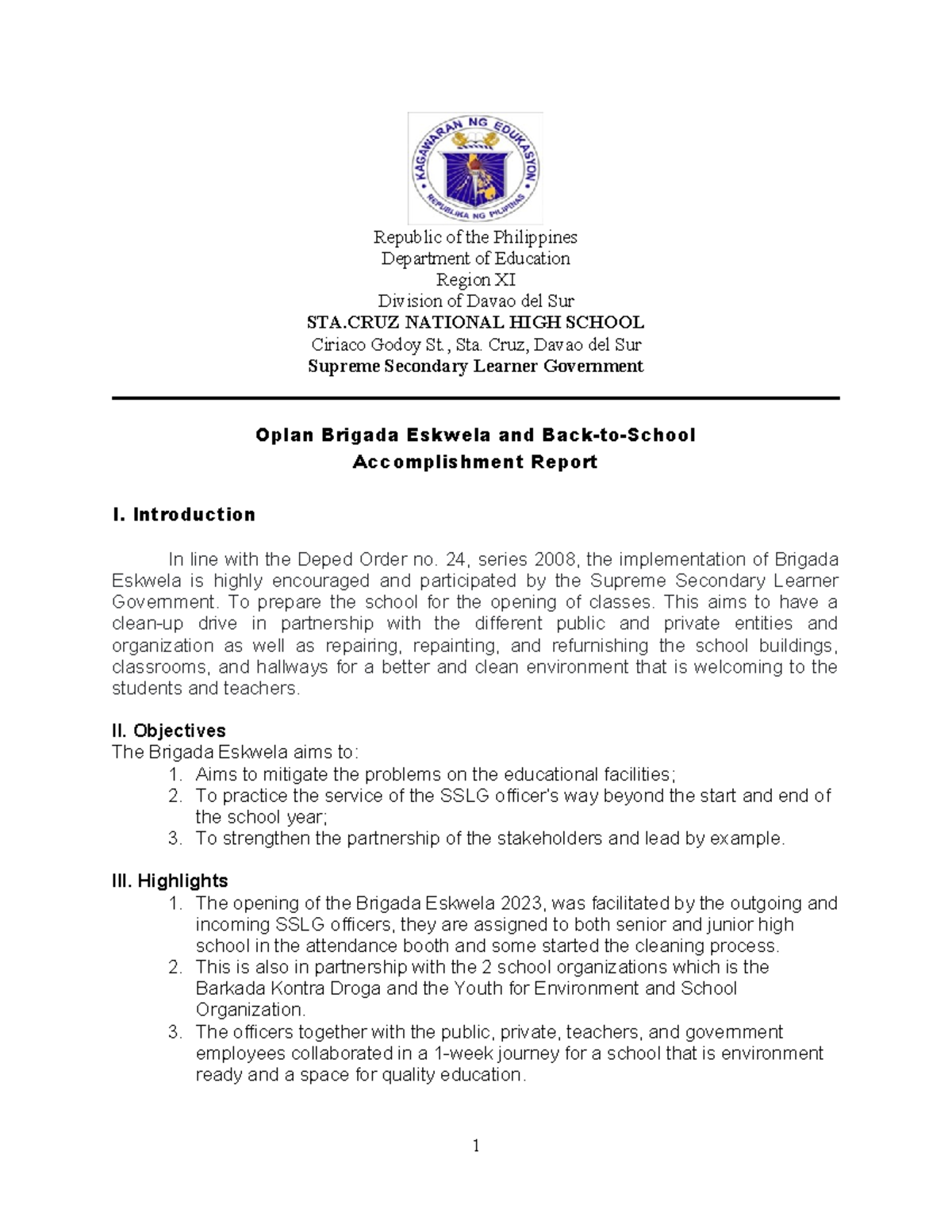 Accomplishment report sslg 2023 2024 - Department of Education Region XI Division of Davao del ...