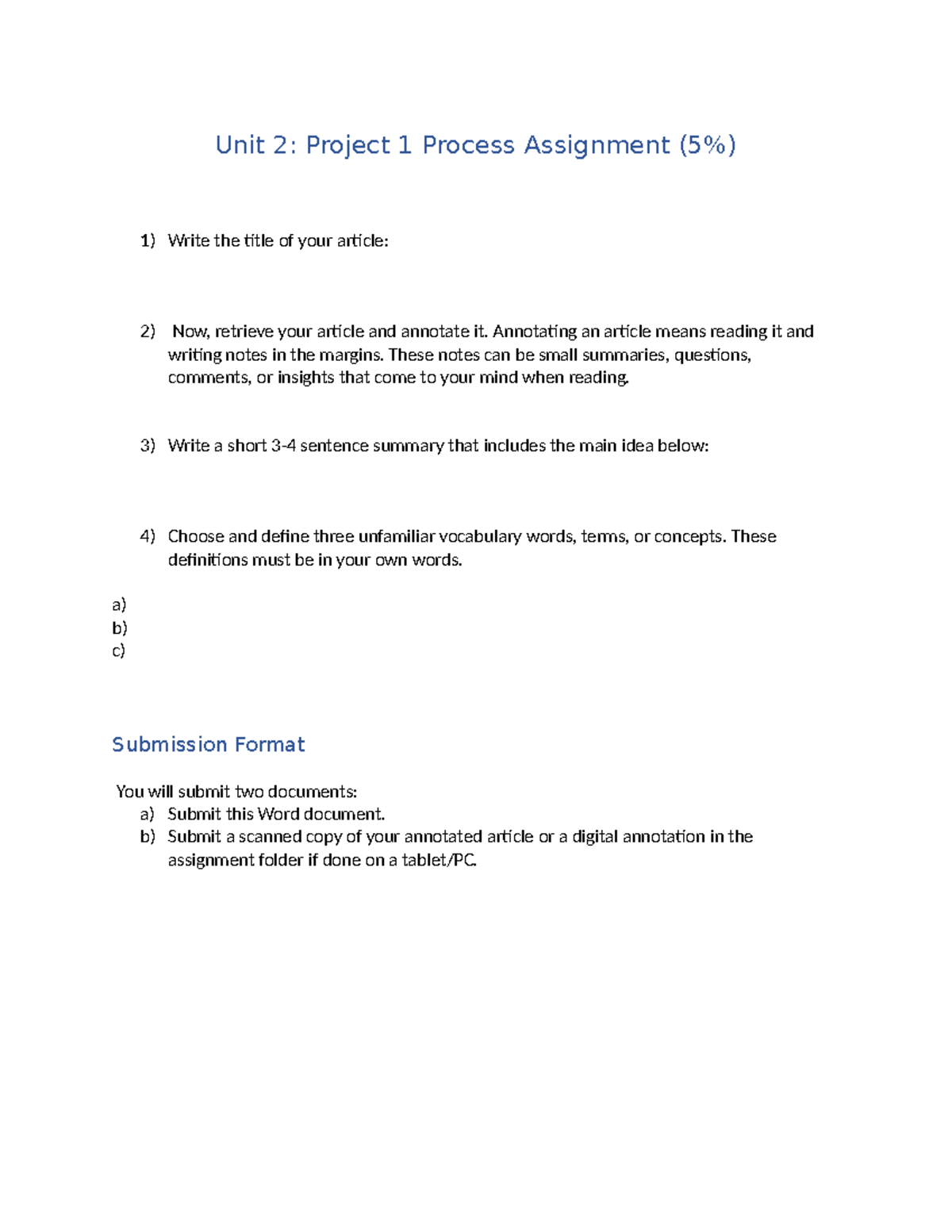 Project 1 Process Alternate Assignment - Unit 2: Project 1 Process ...