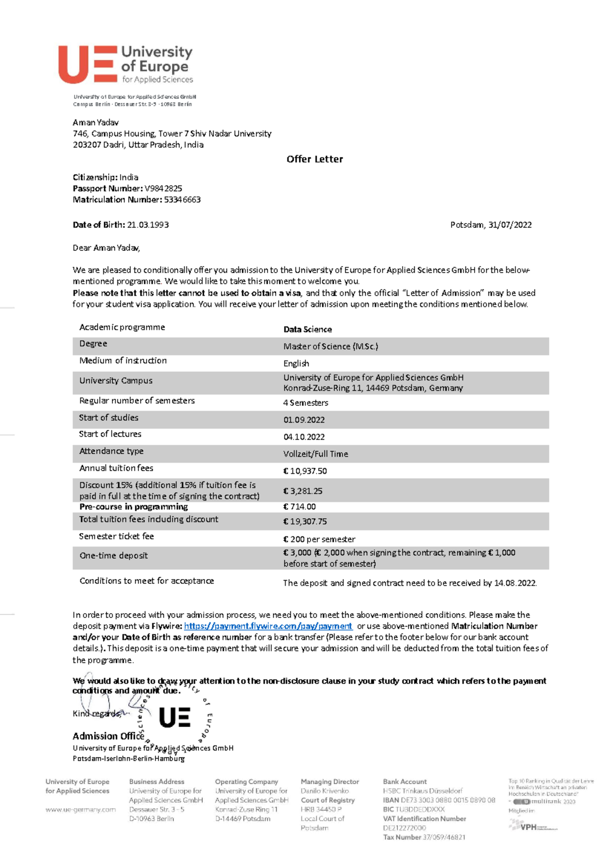 Offer Letter..... - University of Europe for Applied Sciences GmbH ...