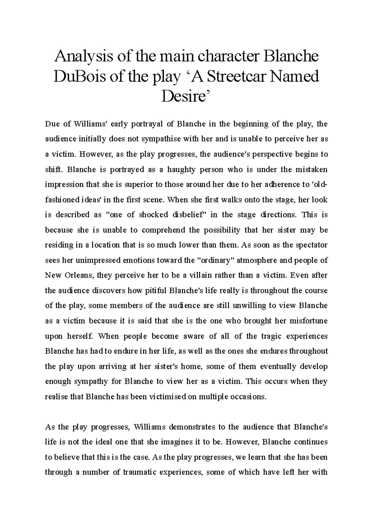 Analysis of the main character Blanche Du Bois of the play ‘A Streetcar ...