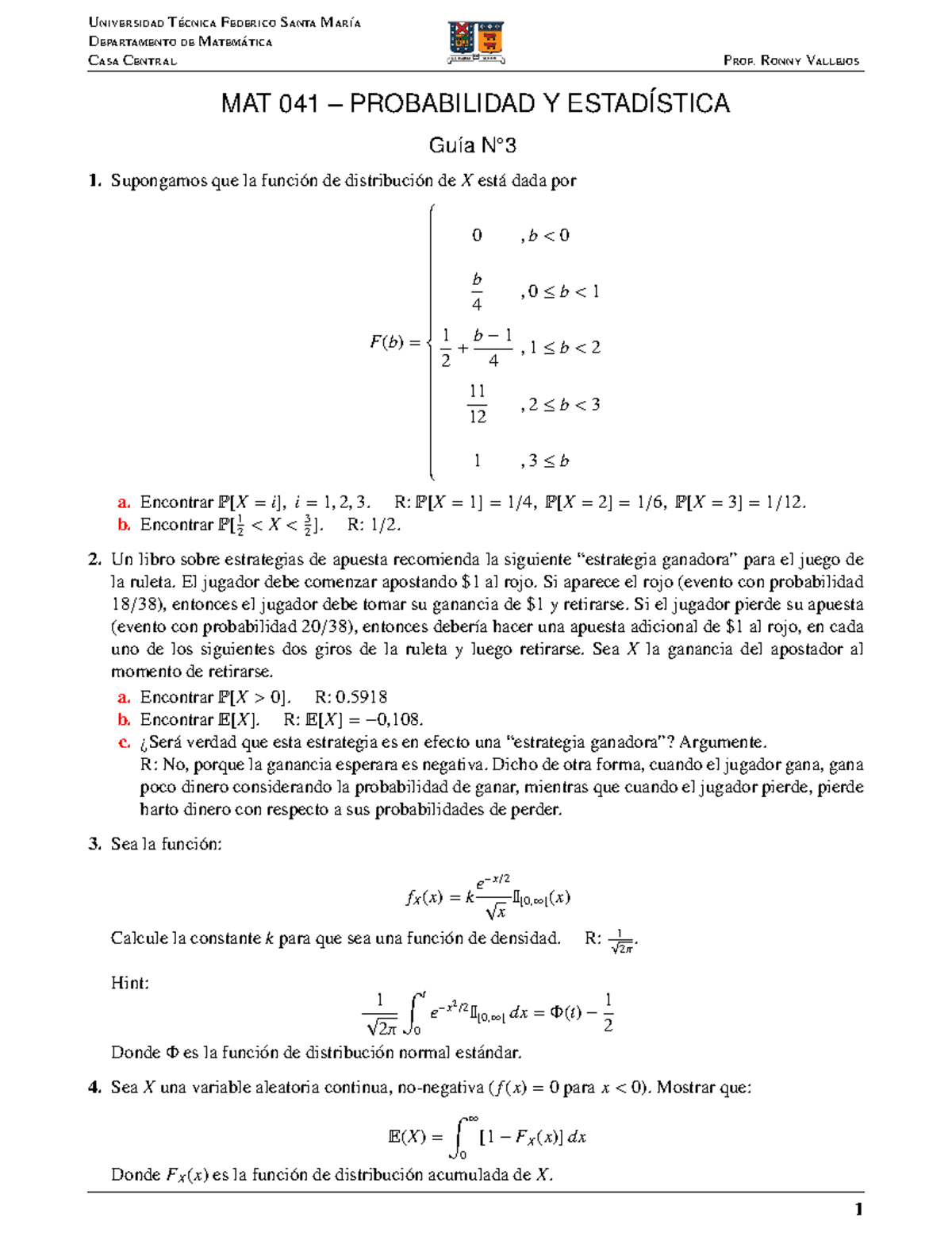 Guia Variables Aleatorias - Universidad T´ecnica Federico Santa Mar´ıa Departamento de Matem ...