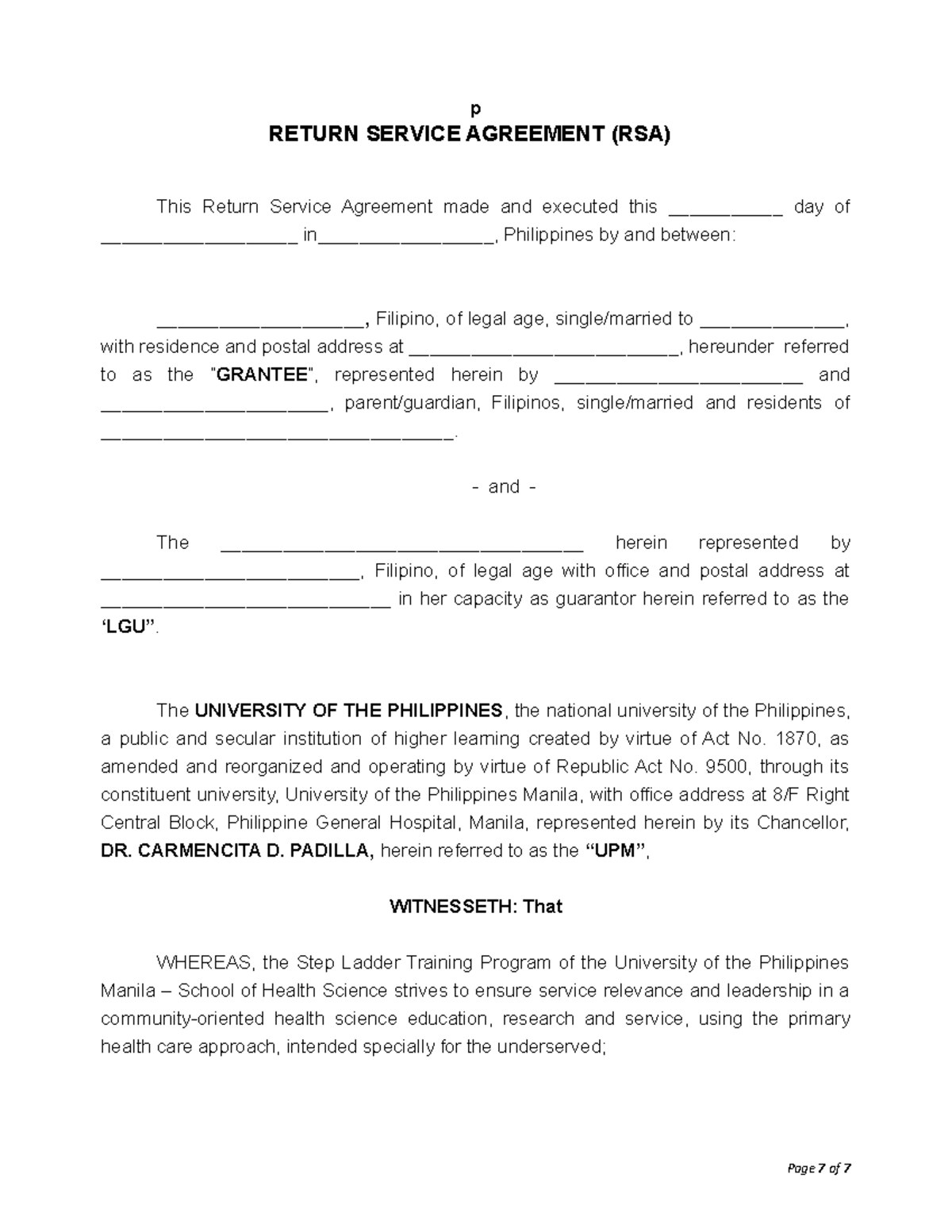 RSA-midwifery-acknowledgment part - p RETURN SERVICE AGREEMENT (RSA ...