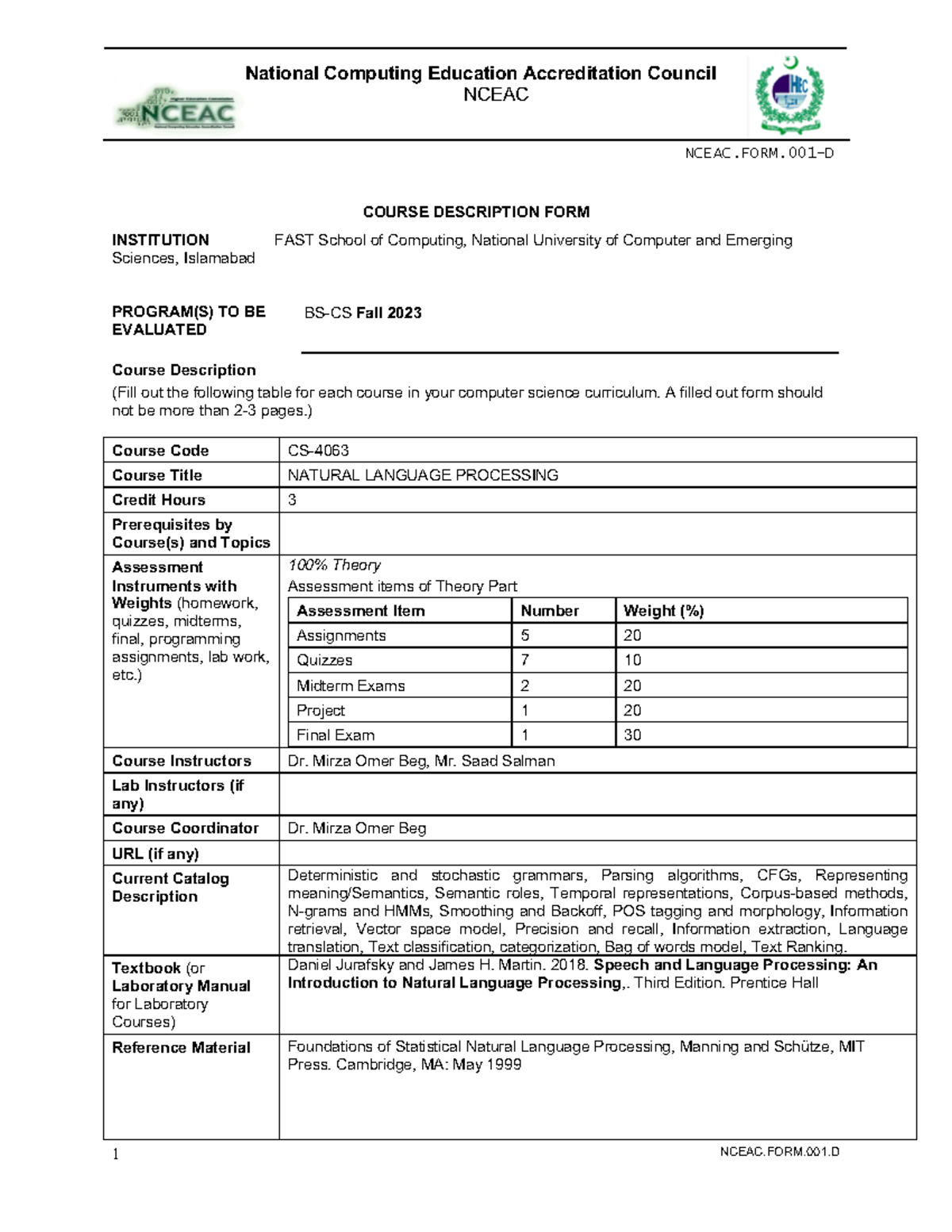 CS-4063 Natural Language Processing - Outline Fall23 - NCEAC.FORM-D ...
