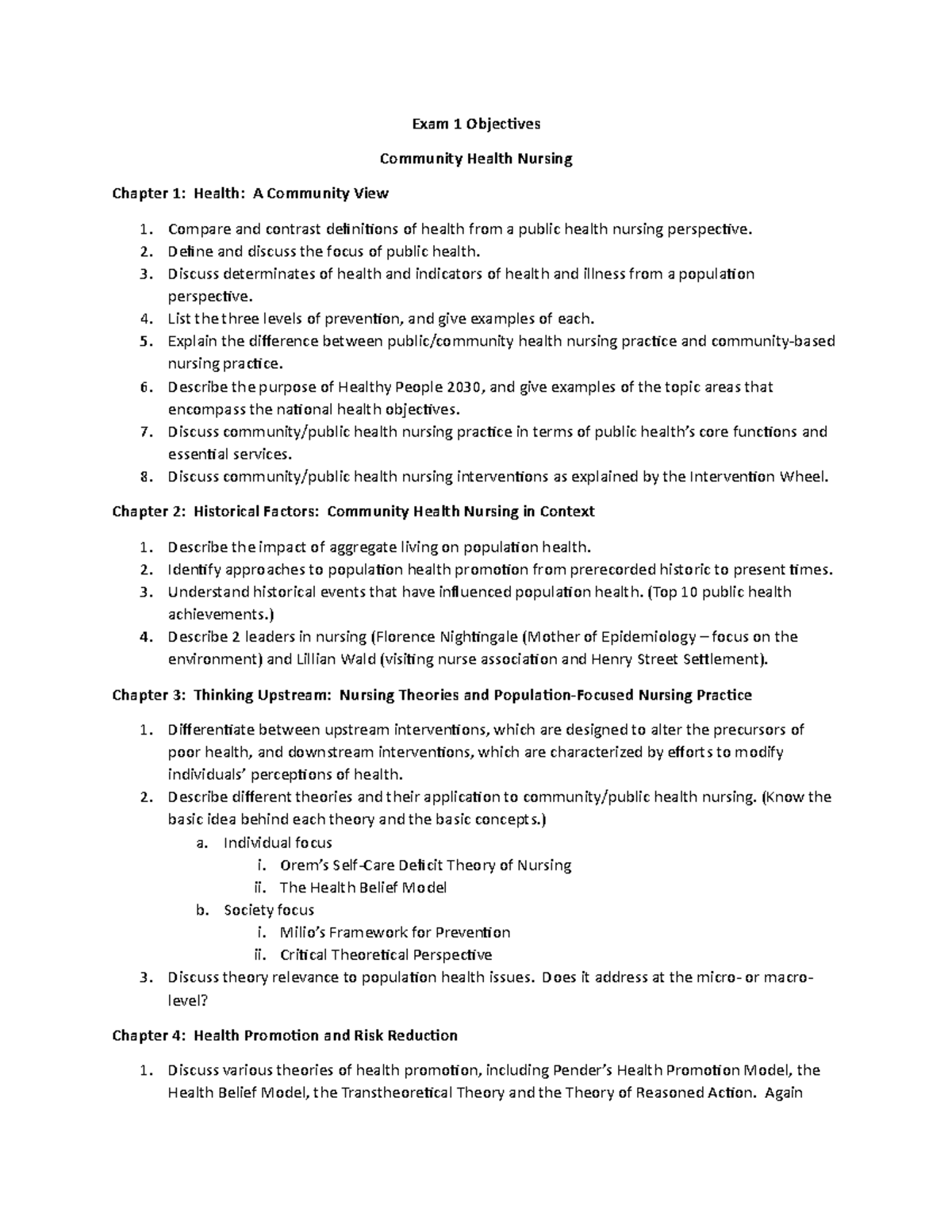 Community Health Exam 1 Objectives - Exam 1 Objectives Community Health ...