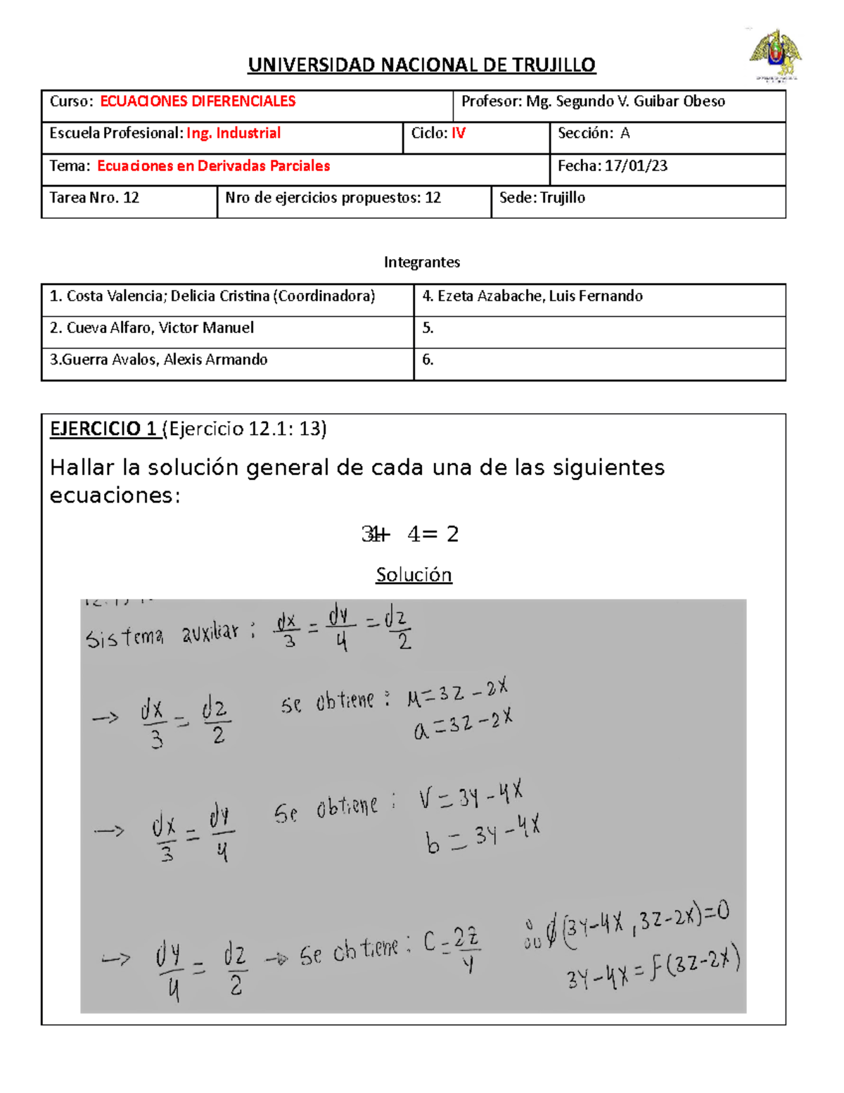 Tarea 12 Ecuaciones Diferenciales - UNIVERSIDAD NACIONAL DE TRUJILLO Curso: ECUACIONES ...