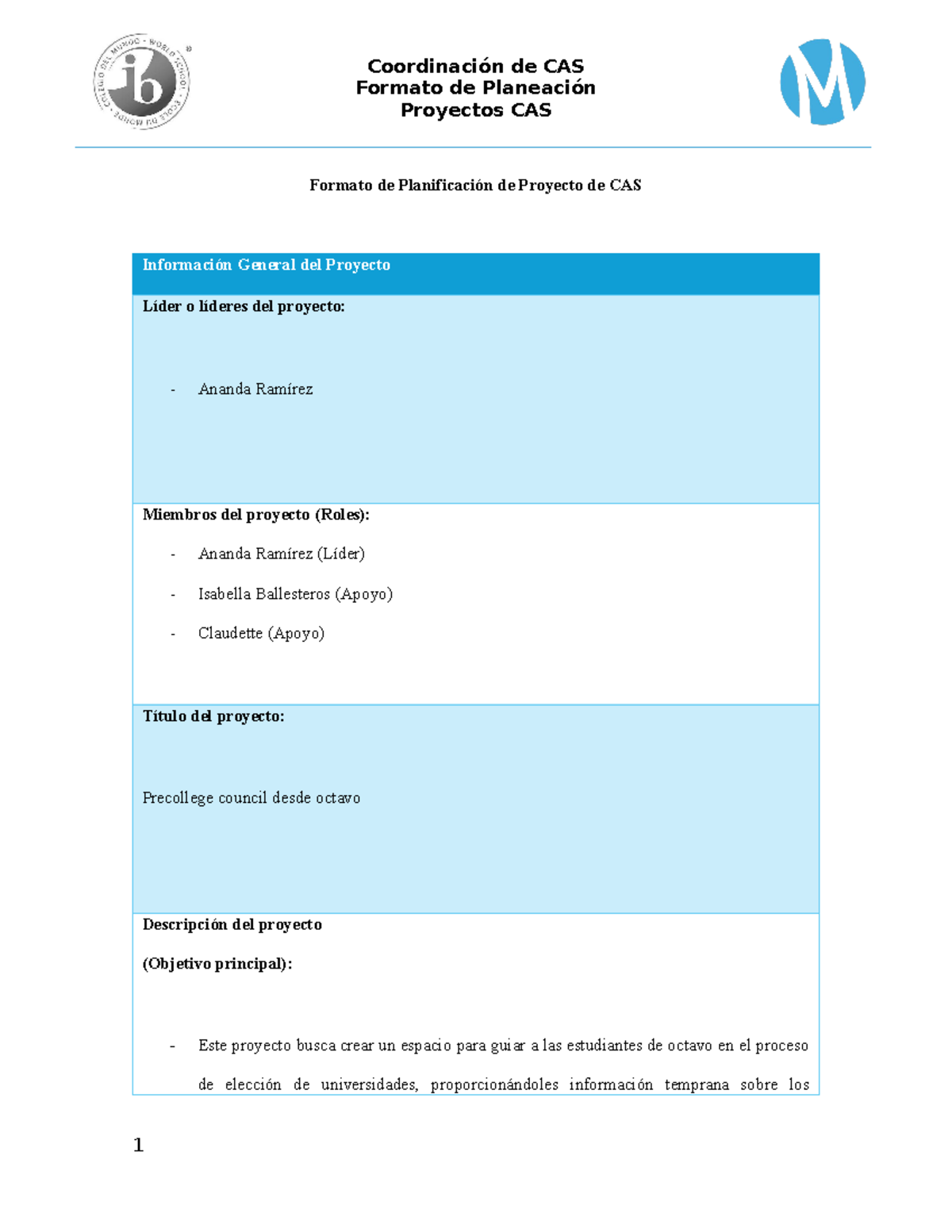 2. Formato - Planeación del Proyecto de CAS - Formato de Planeación Proyectos CAS Formato de ...
