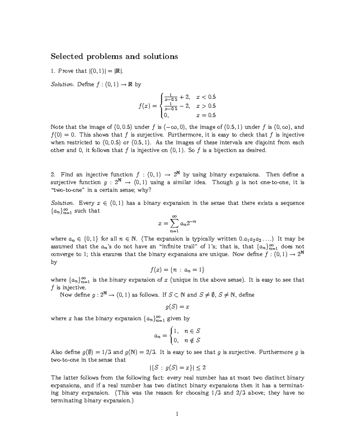 517 selected problems - hong biet - Selected problems and solutions Prove that |(0, 1)| = |R ...