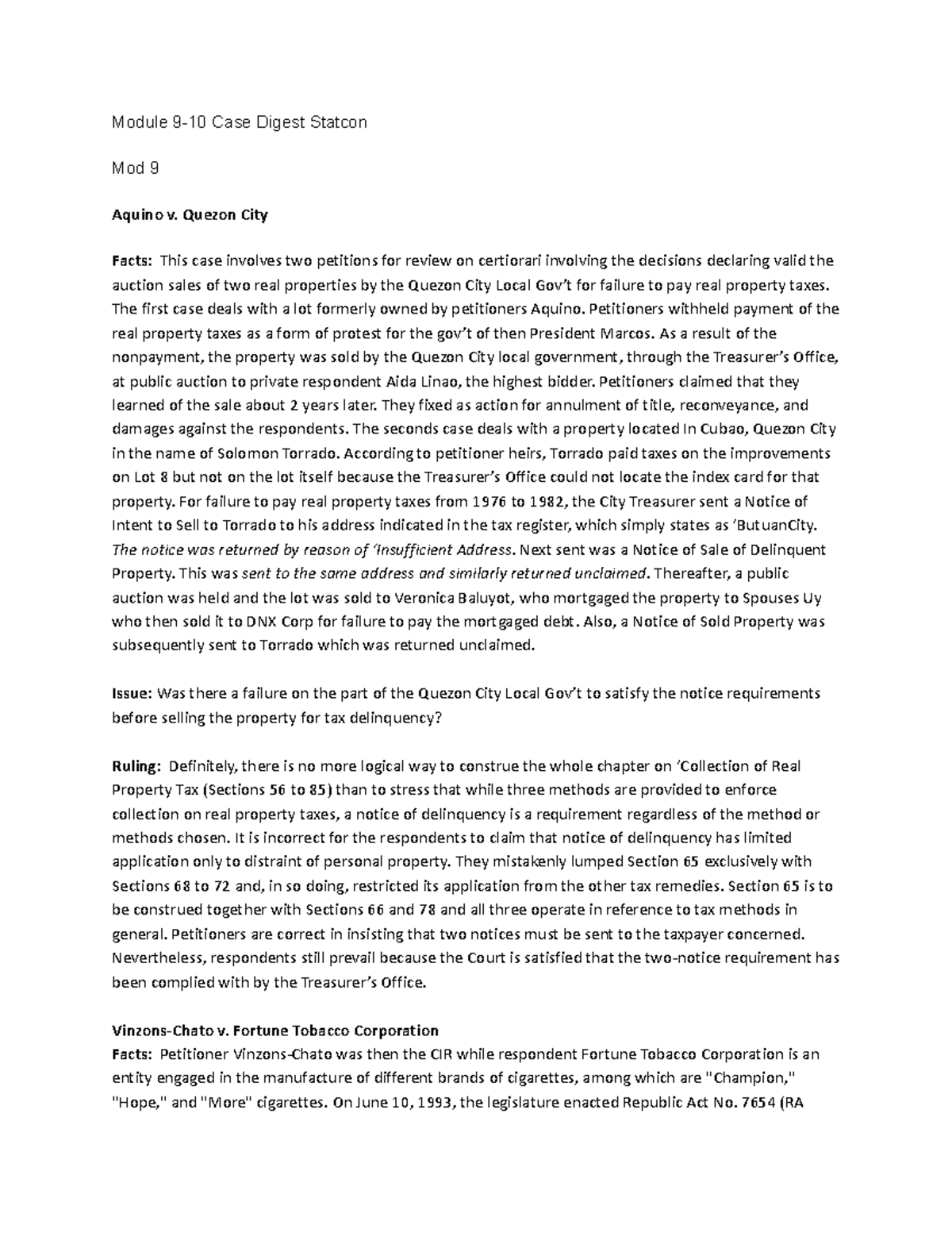 MOD 9 10 Statcon Digests - Module 9-10 Case Digest Statcon Mod 9 Aquino v. Quezon City Facts ...