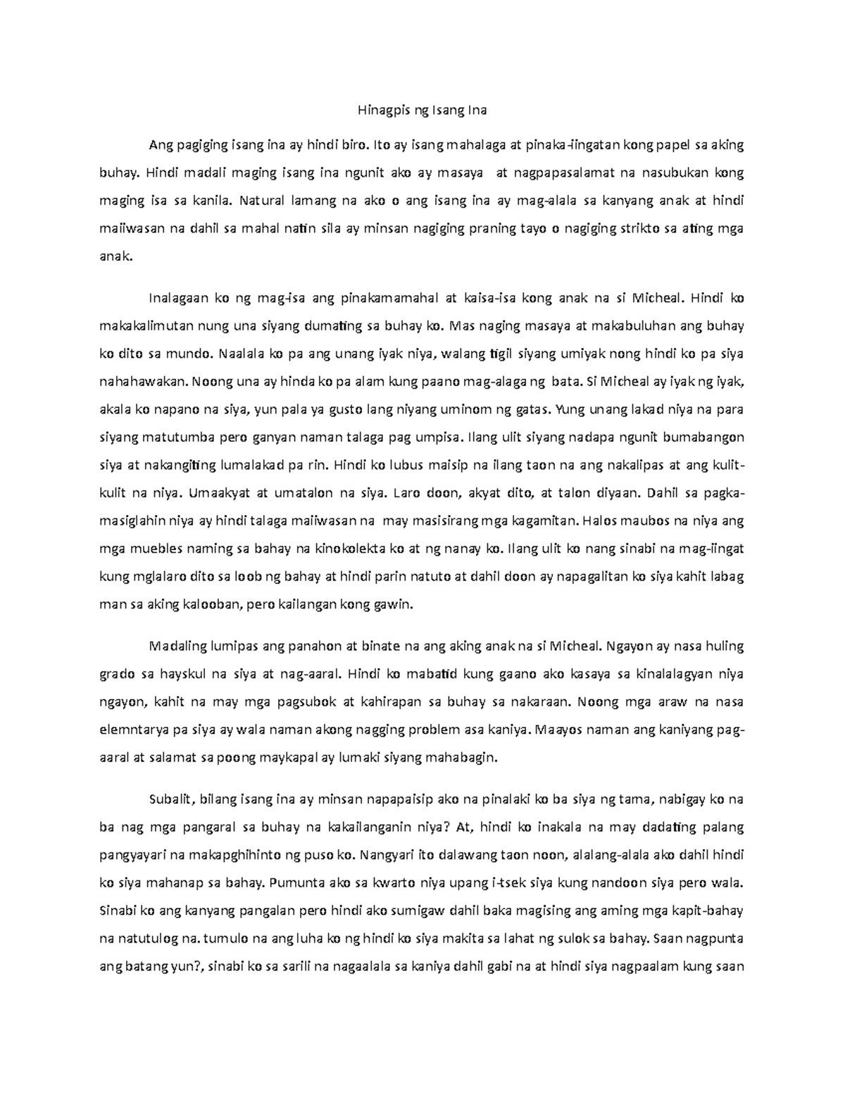 Hinagpis ng Isang Ina an short story to determining the pov of the ...