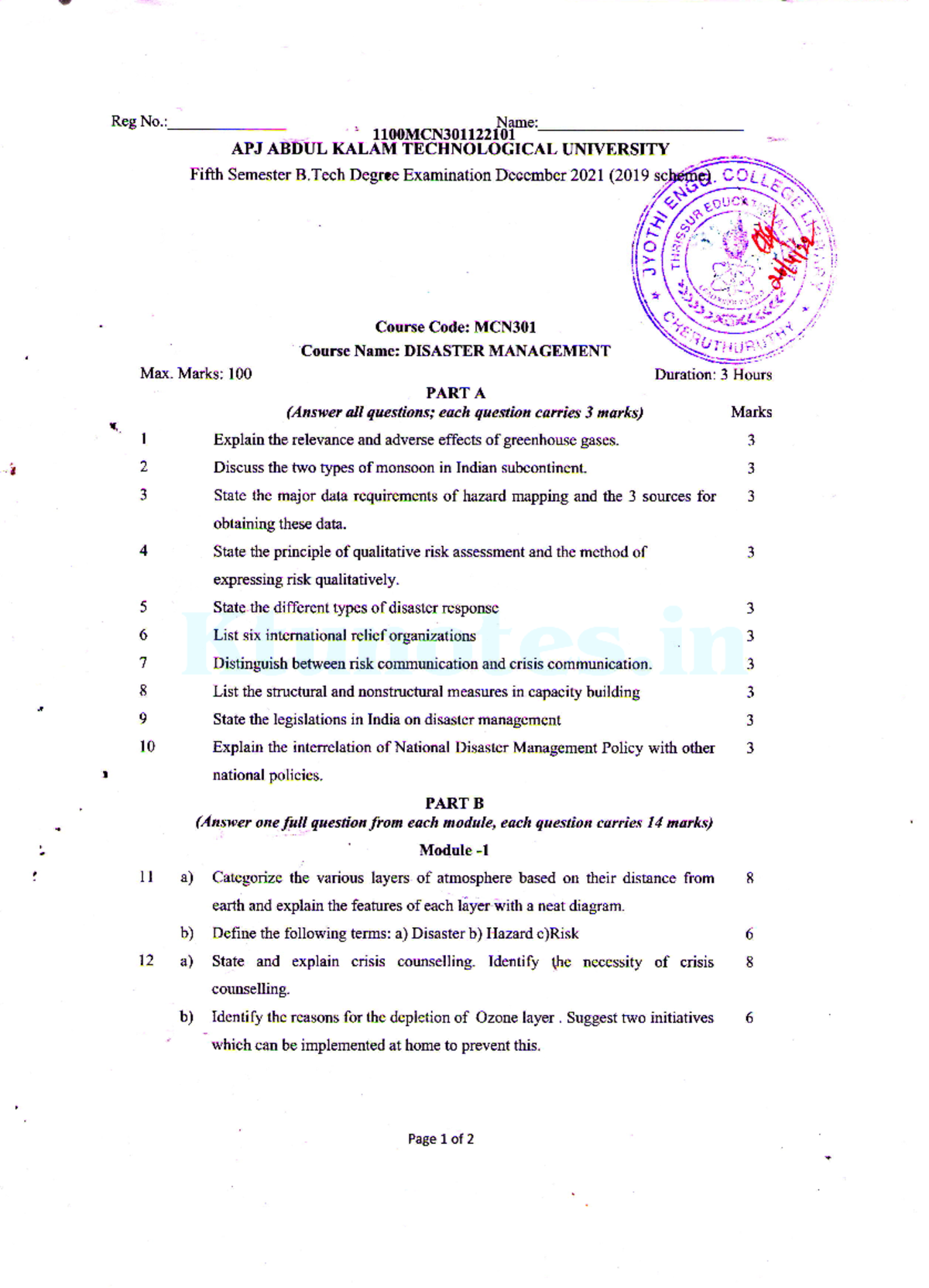 MCN301 Disaster Management, December 2021 -, Reg No.: 4 ) 6 7 8 9 l APJ ABDTJL KALAM ...
