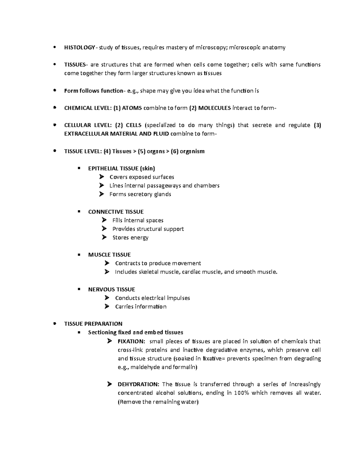Histo Prelim - Reviewer - HISTOLOGY- study of tissues, requires mastery ...