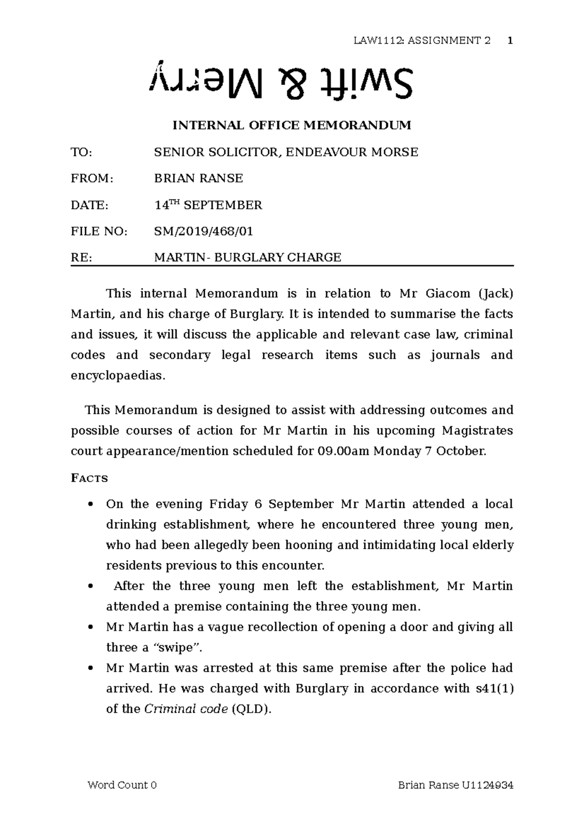 Law1112 Assignement 2 - Memo Writing. - INTERNAL OFFICE MEMORANDUM TO ...