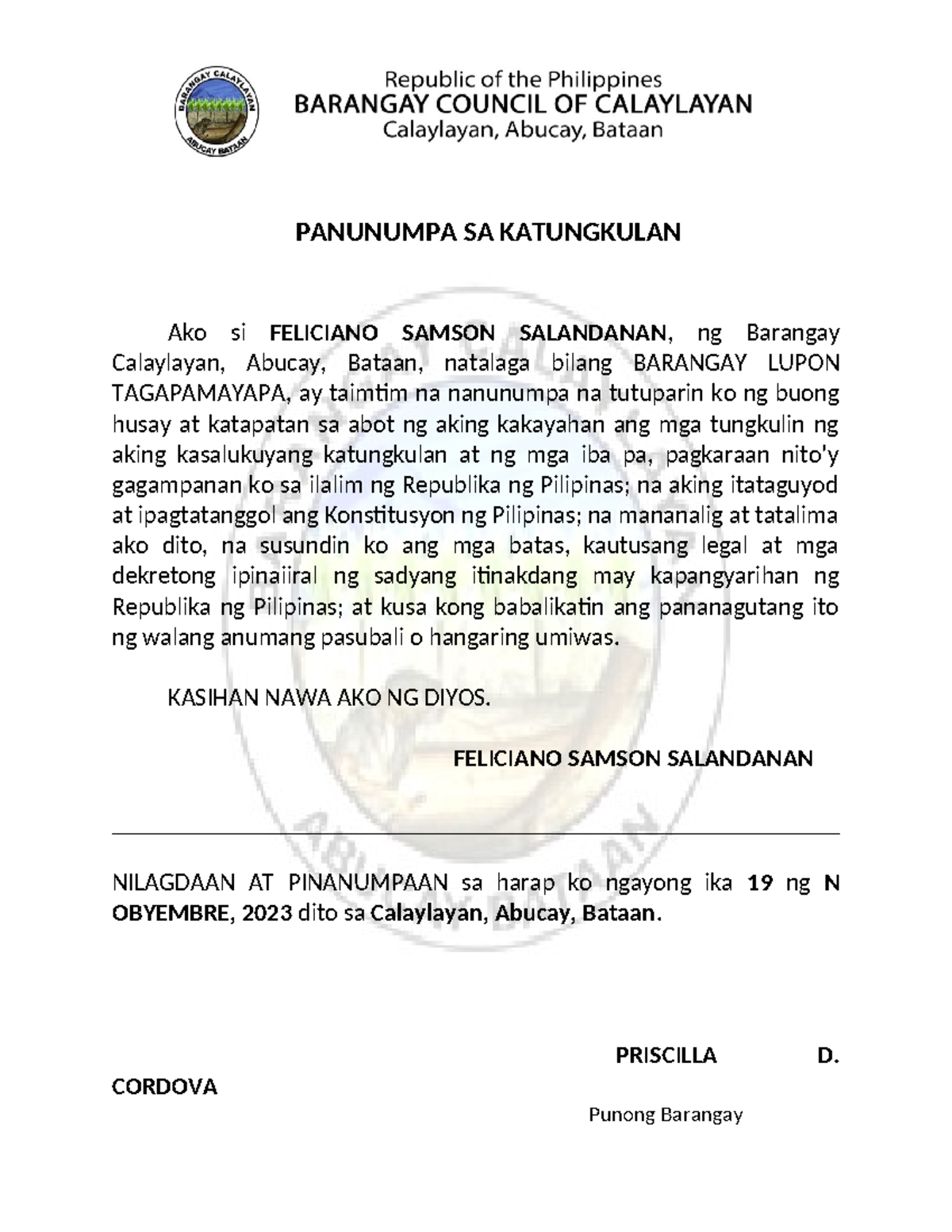 F- Salandanan - 123 - PANUNUMPA SA KATUNGKULAN Ako si FELICIANO SAMSON ...