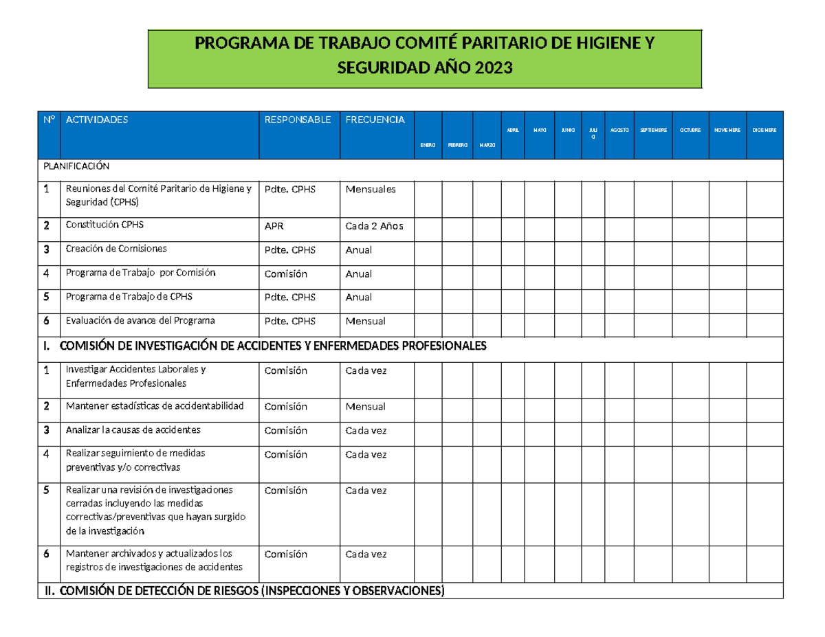 Programa DE Trabajo Comité Paritario DE Higiene Y Seguridad - PROGRAMA DE TRABAJO COMITÉ ...