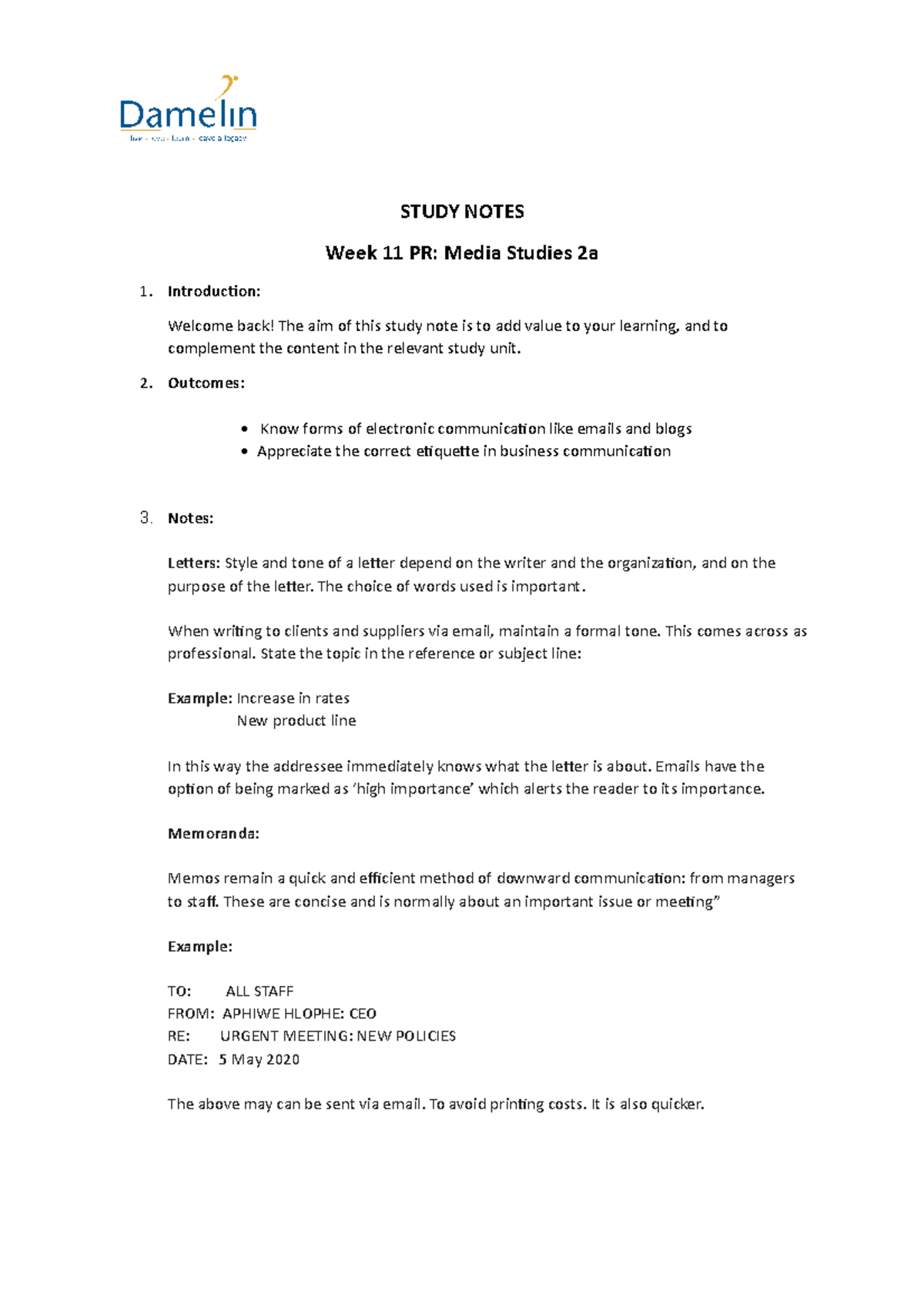 Study Notes Media St 2 week 11 (Dip PR) - STUDY NOTES Week 11 PR: Media ...