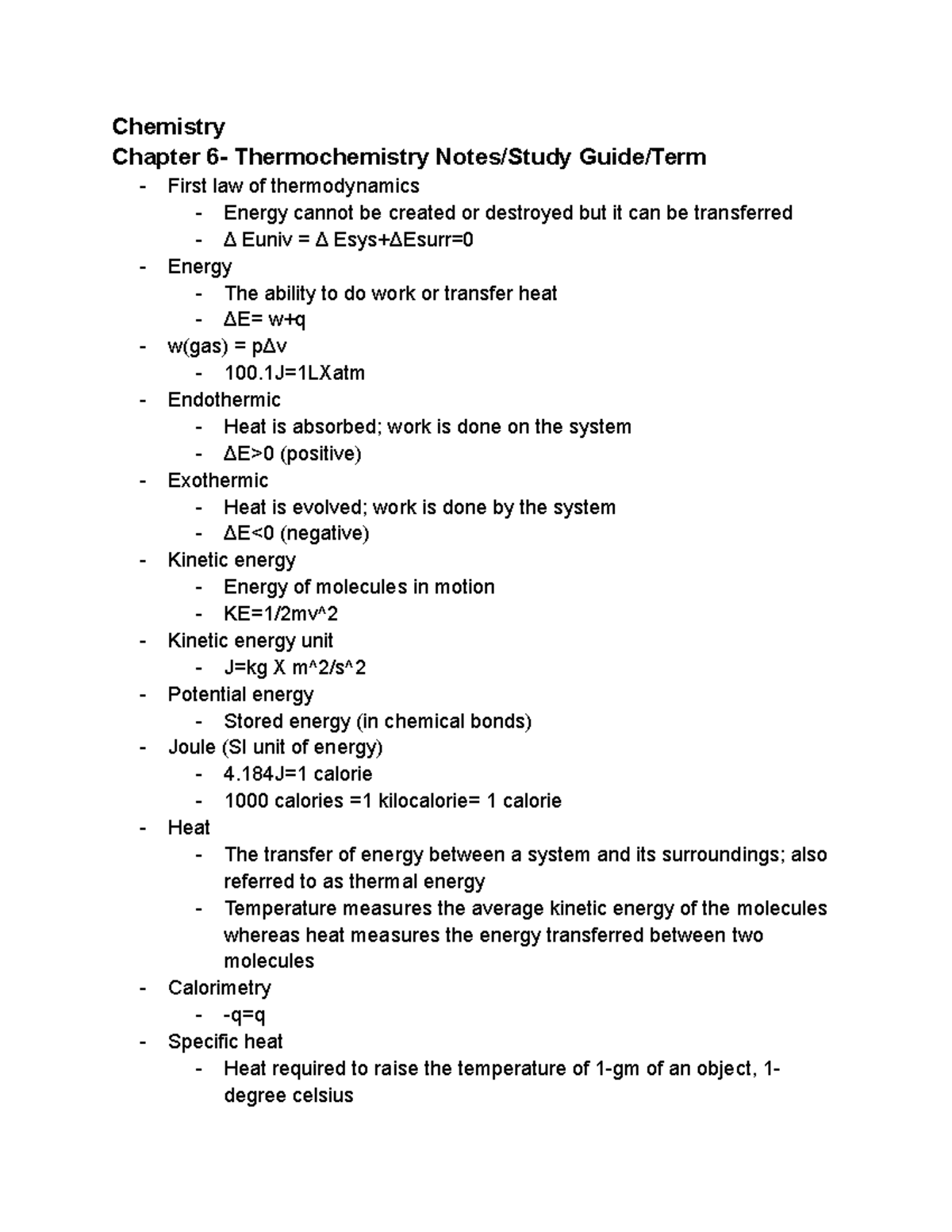 Chemistry Chapter 6- Thermochemistry Notes Study Guide Term - Chemistry ...