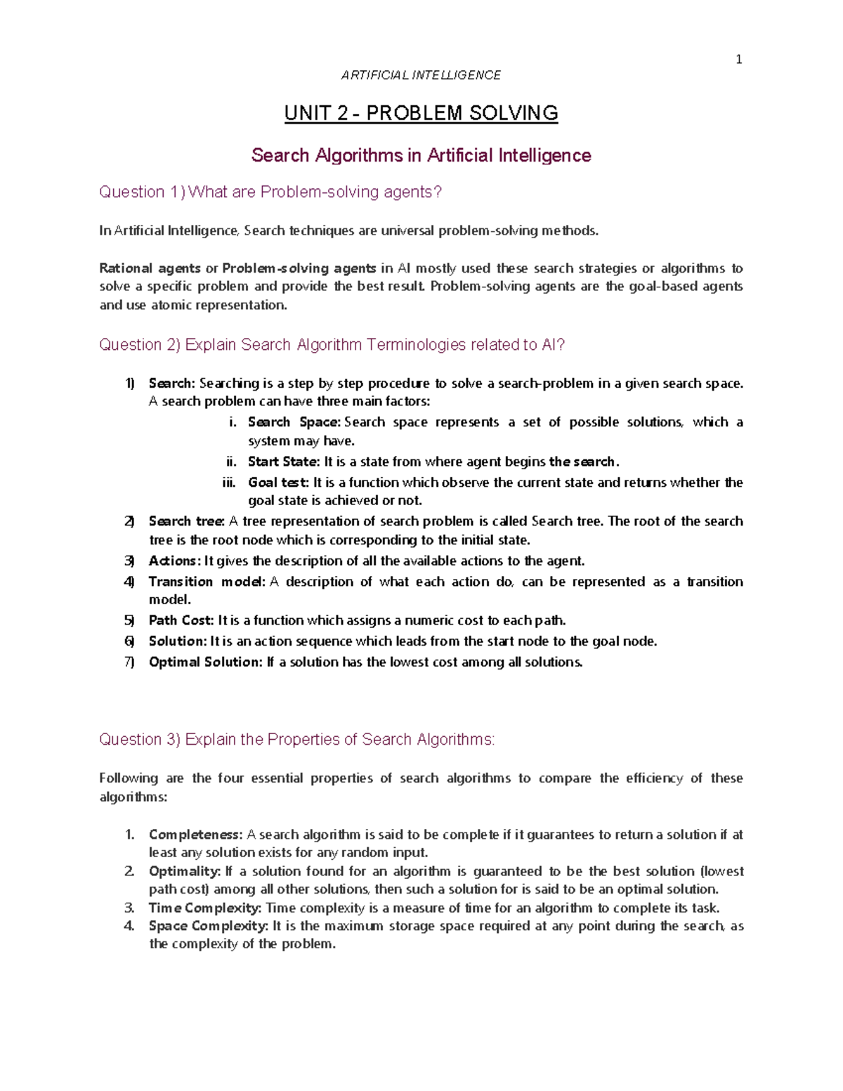 Ai 2nd Unit Lecture Notes Artificial Intelligence Unit 2 Problem Solving Search Algorithms
