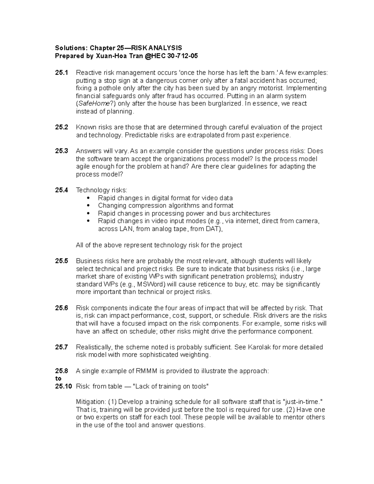 Problem Solutions 25 Pressman - Solutions: Chapter 25—RISK ANALYSIS ...