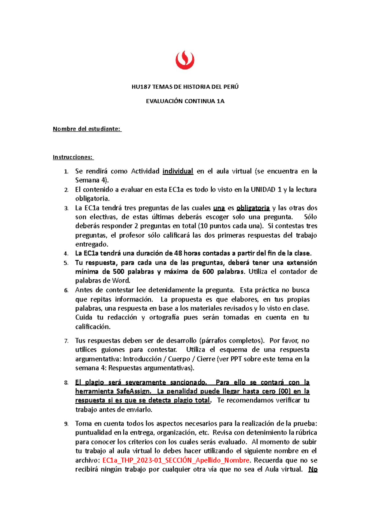 EC1a THP 2023-01 XY1Y - HU187 TEMAS DE HISTORIA DEL PERÚ EVALUACIÓN ...