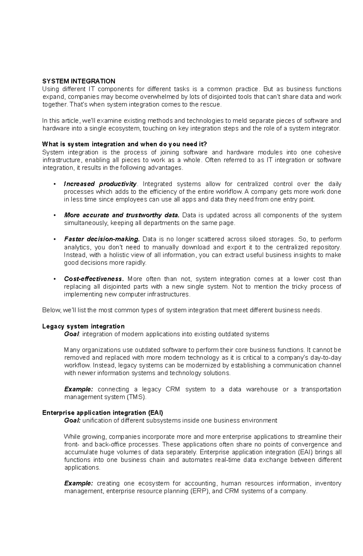System Integration - Using different IT components for different tasks ...