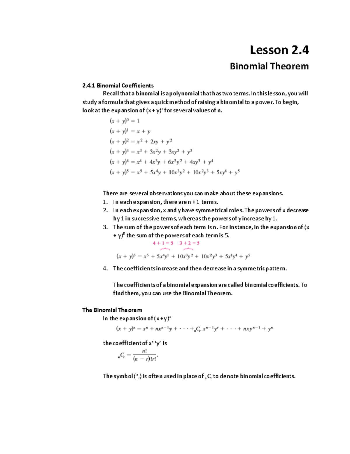 Week 009 Binomial Theorem - Lesson 2. Binomial Theorem 2.4 Binomial ...