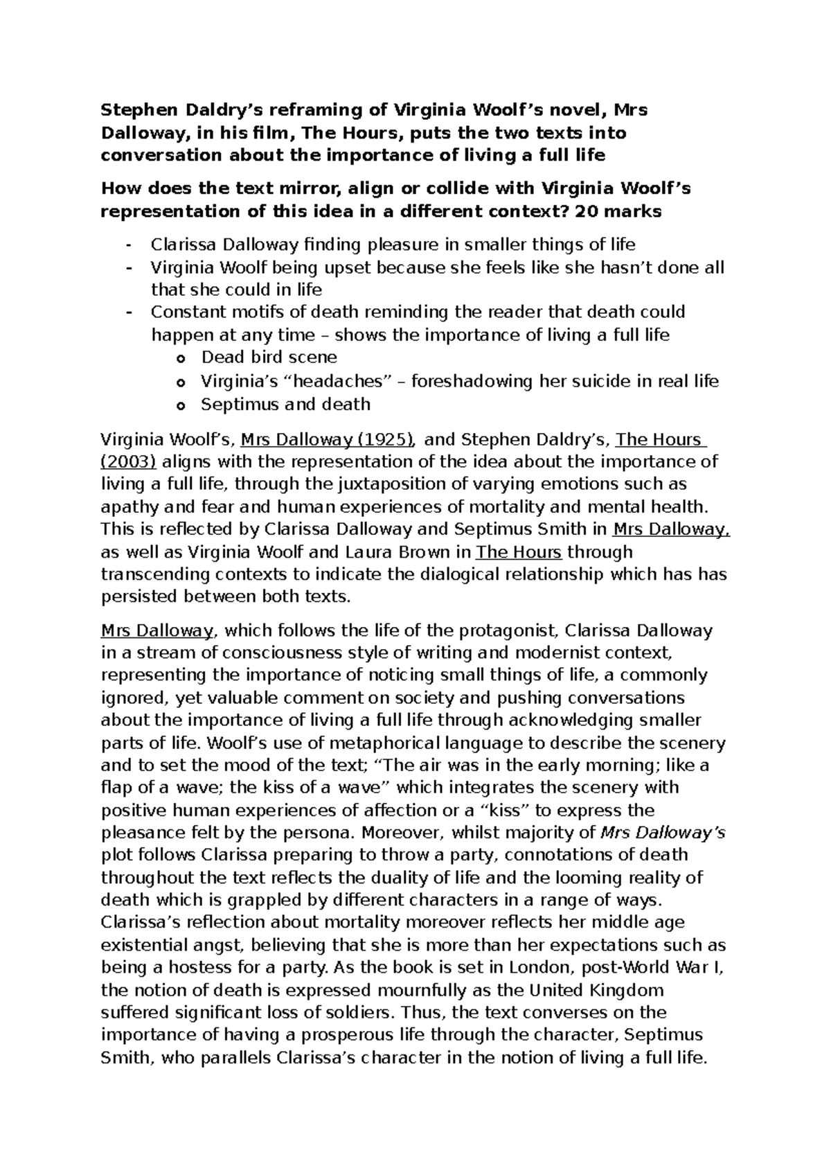 Dalloway Essay Edited - Stephen Daldry’s reframing of Virginia Woolf’s ...