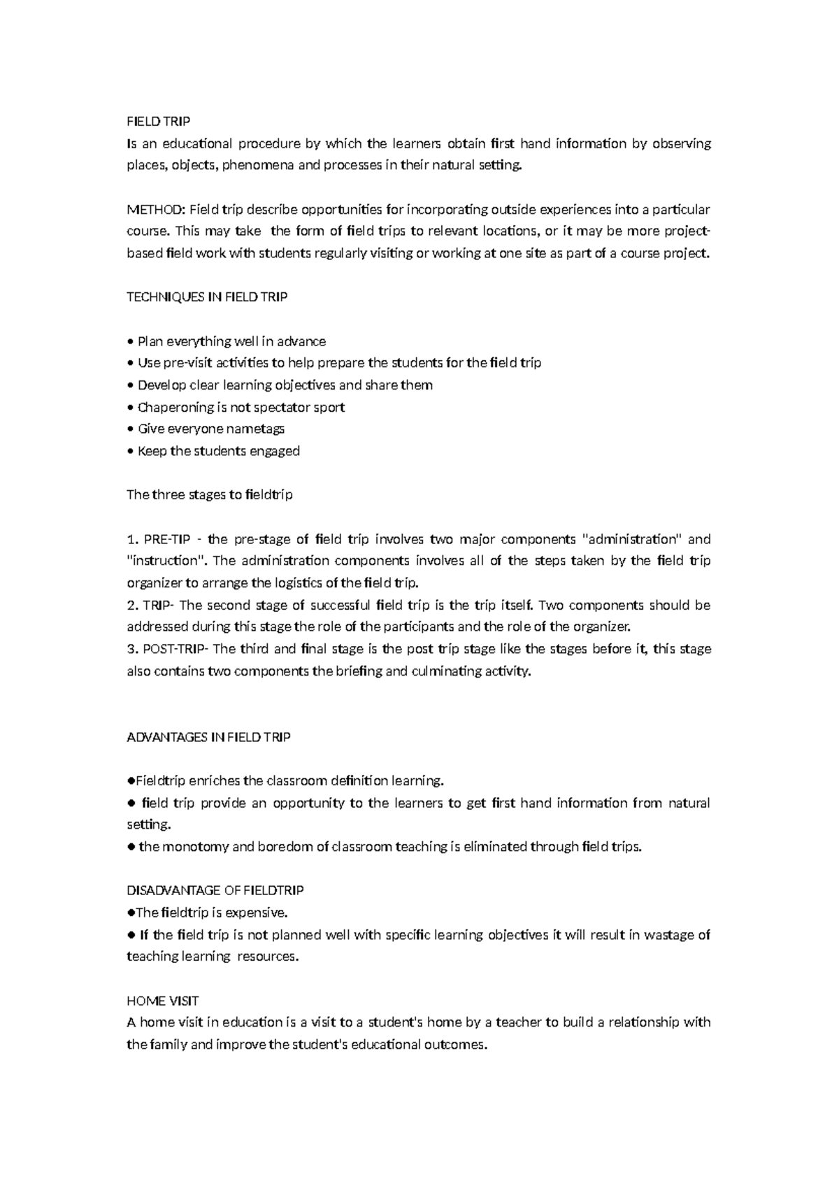 Field-TRIP - Notes for Field trip/Home visit/Community work in TLE 111 ...