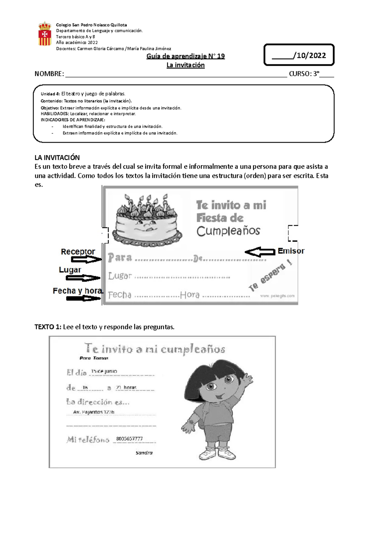 Guía N° 19 La invitación - Colegio San Pedro Nolasco Quillota Departamento de Lenguaje y - Studocu