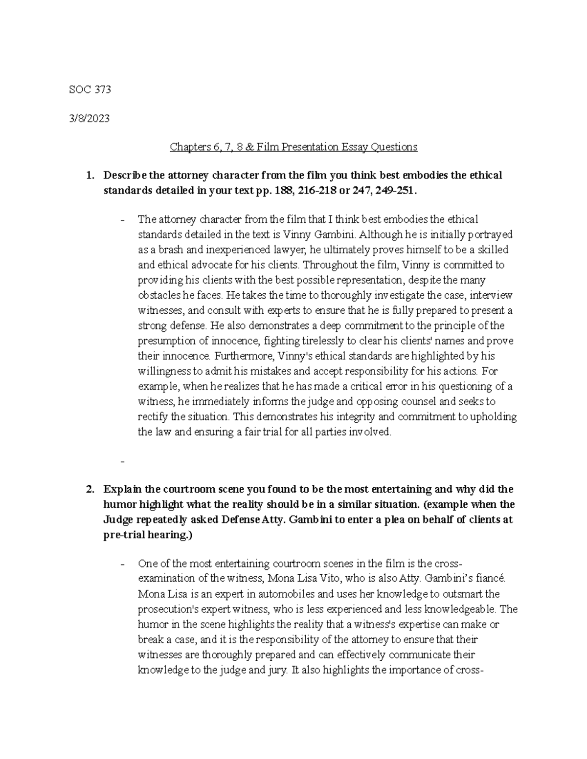 SOC373 assignment #1 - SOC 373 3/8/ Chapters 6, 7, 8 & Film ...