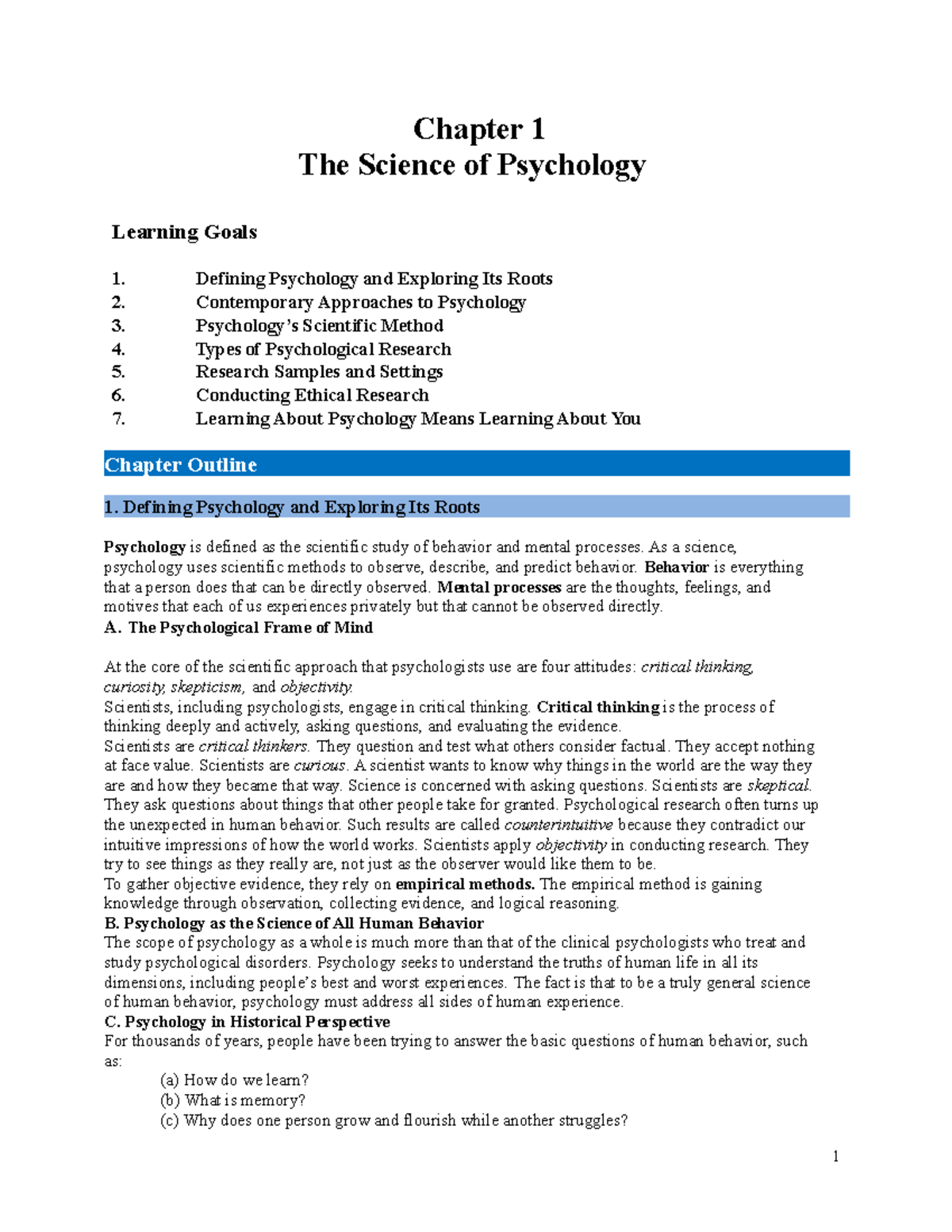 Chapter 1 Handout psychology module 1 - Chapter 1 The Science of ...