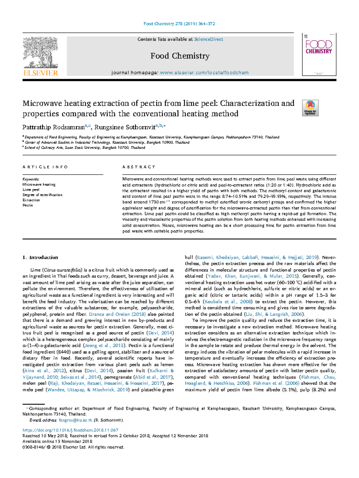 Microwave heating extraction of pectin from lime peel-Characterization ...
