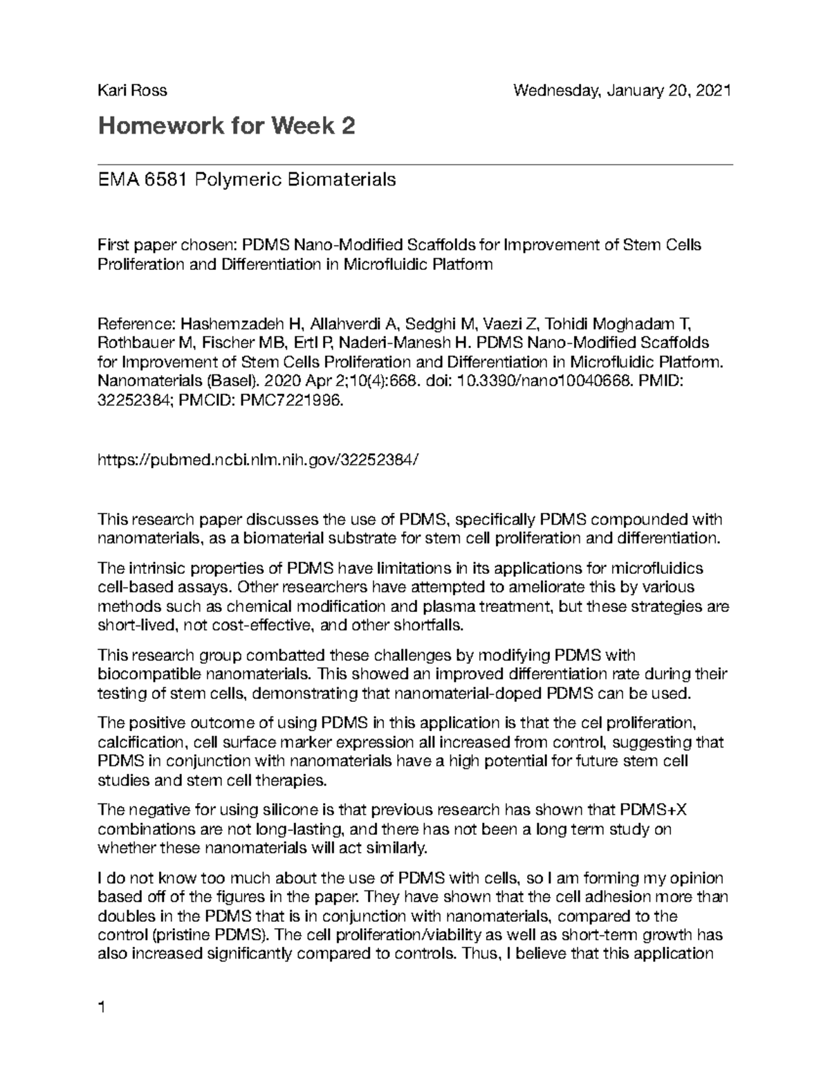 EMA6581 Homework Week 2 - Kari Ross Wednesday, January 20, 2021 ...