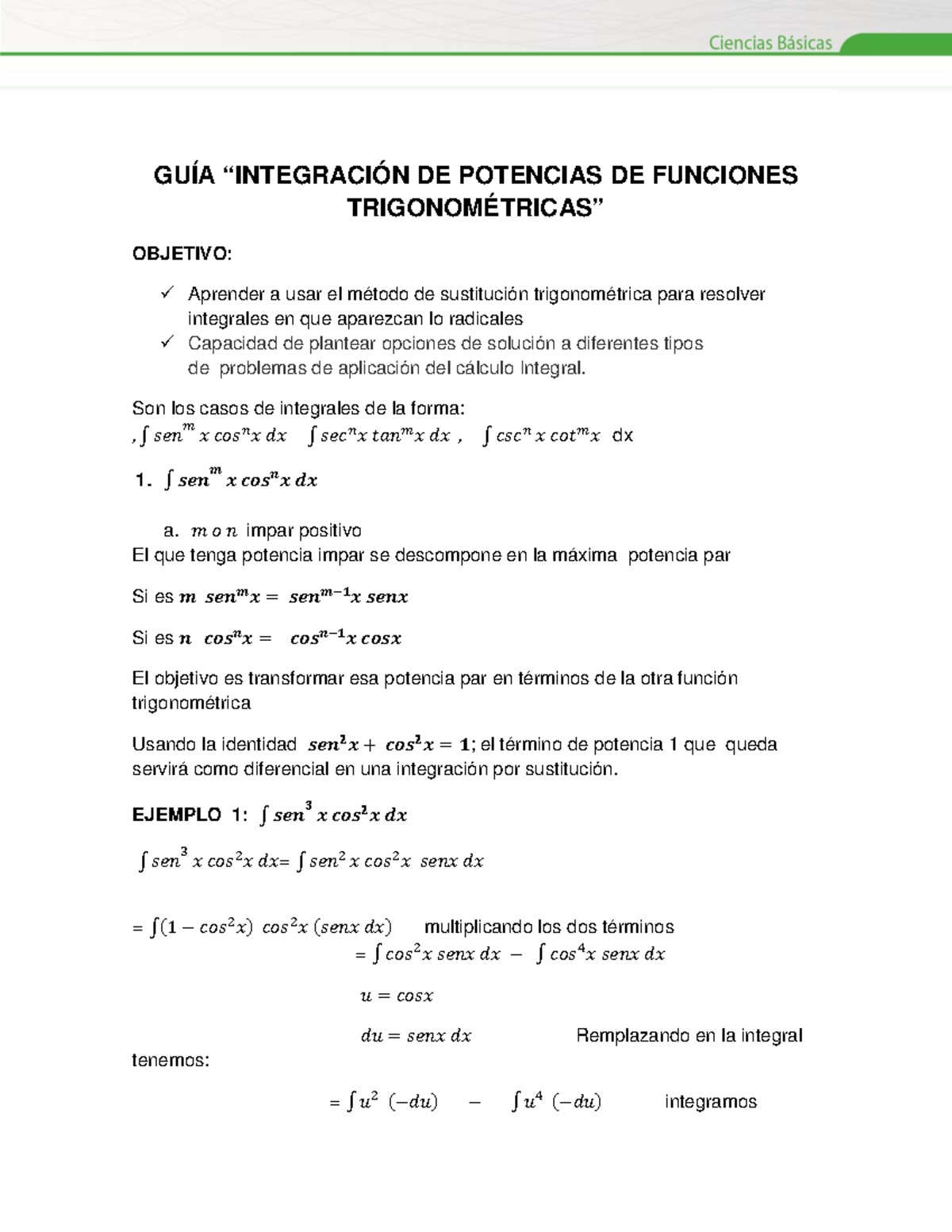 5. Integración de Funciones Trigonom - GUÍA “INTEGRACIÓN DE POTENCIAS ...