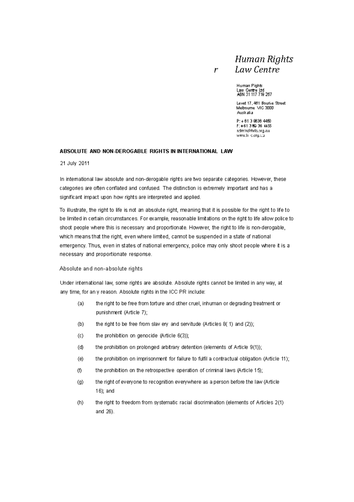 Derogable Rights - Human Rights r Law Centre Human Pights Law Centre ...