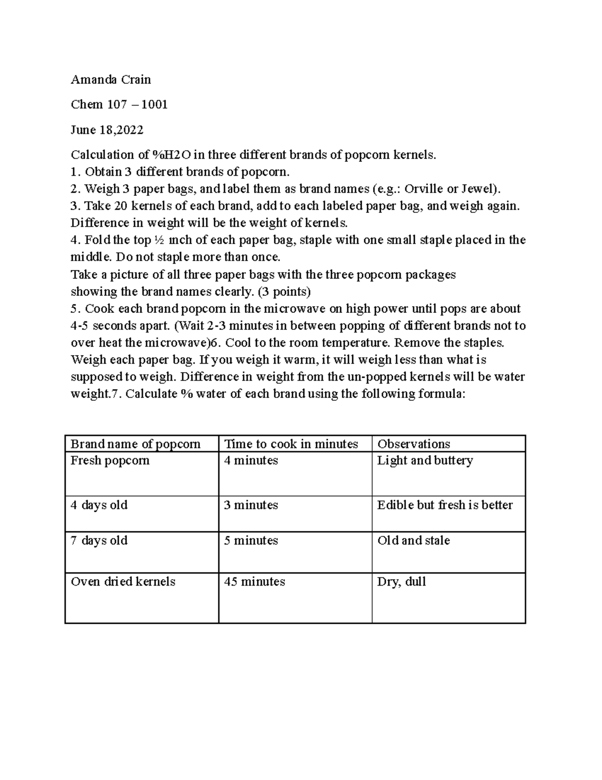 Lab 6 - experiment assignment chem107 - Amanda Crain Chem 107 – 1001 ...