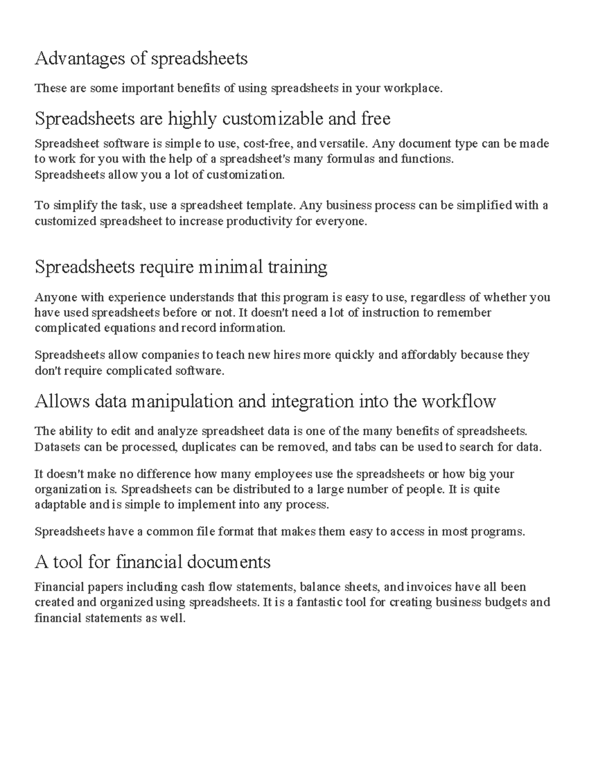 Advantages of spreadsheets - Advantages of spreadsheets These are some ...