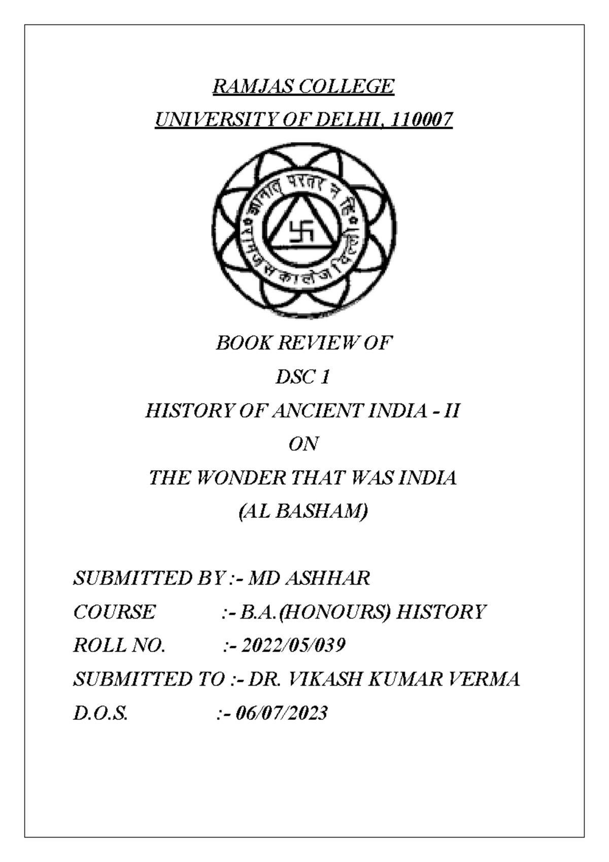 AL Basham BOOK Review - RAMJAS COLLEGE UNIVERSITY OF DELHI, 110007 BOOK ...