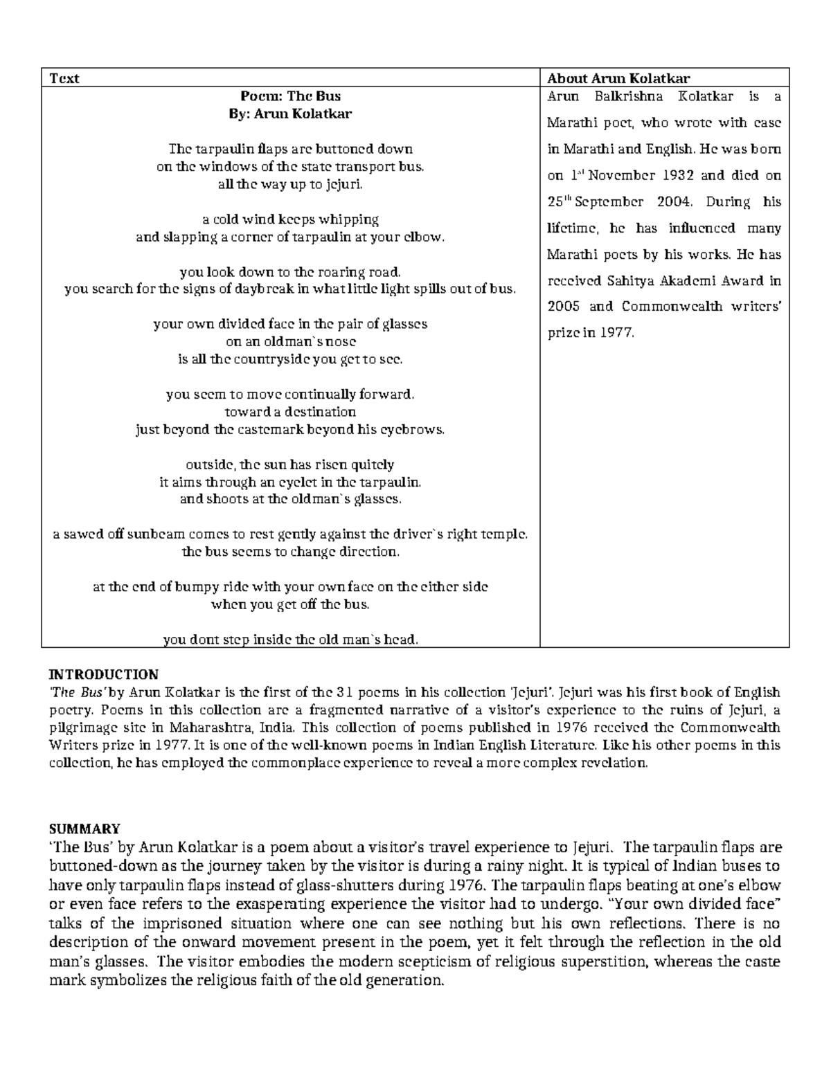 The Bus - Poem notes. - Text About Arun Kolatkar Poem: The Bus By: Arun ...