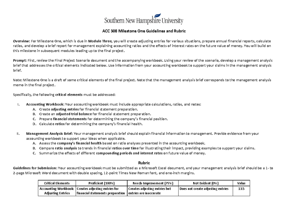 ACC 308 Milestone One Guidelines and Rubric - You will build on this milestone in subsequent ...