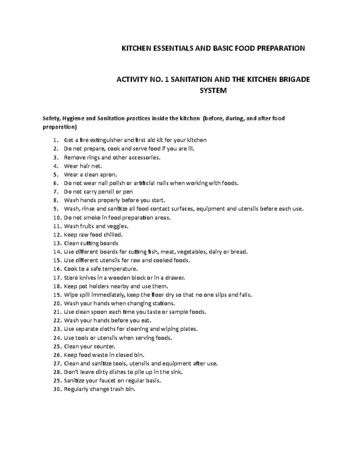 Sanitation and the Kitchen Brigade System - KITCHEN ESSENTIALS AND ...